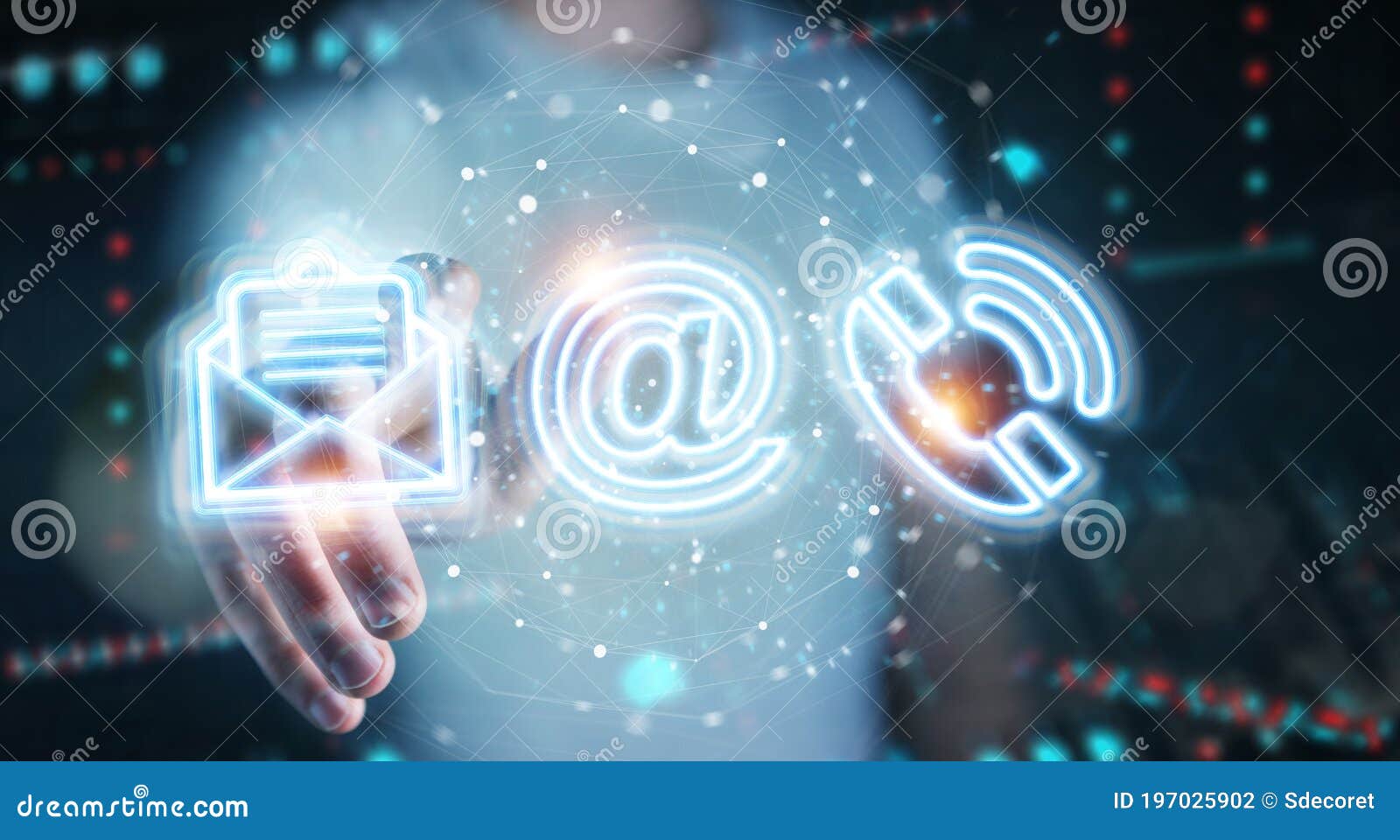 Man Using Digital Contact Blue Holographic Interface 3D Rendering Stock ...