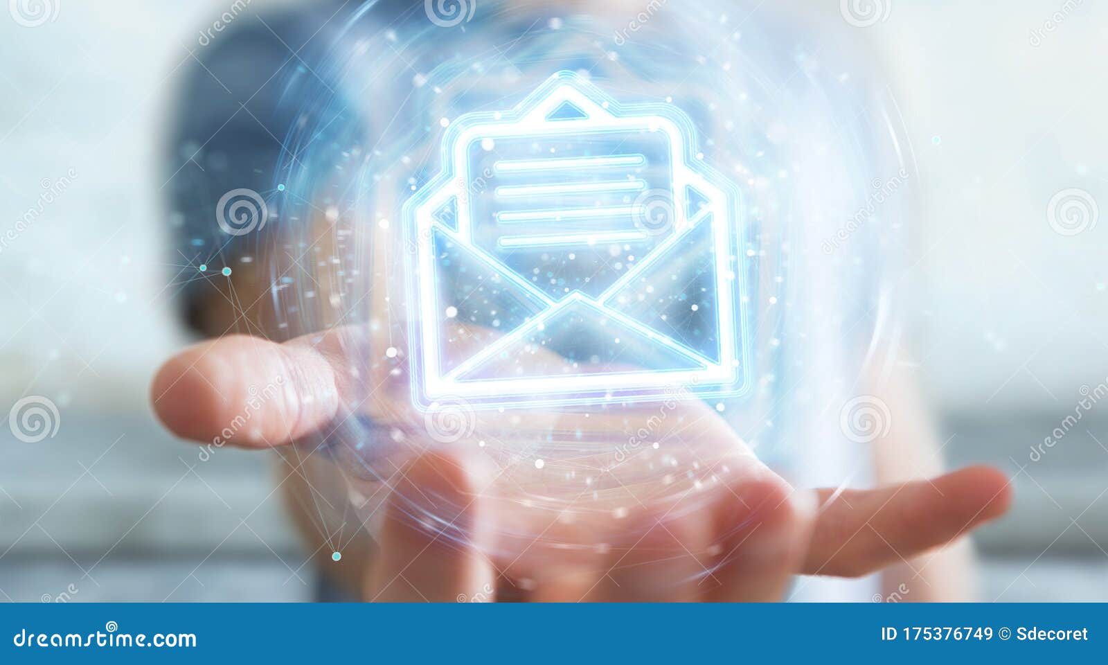 Man Using Digital Email Blue Holographic Interface 3D Rendering Stock ...