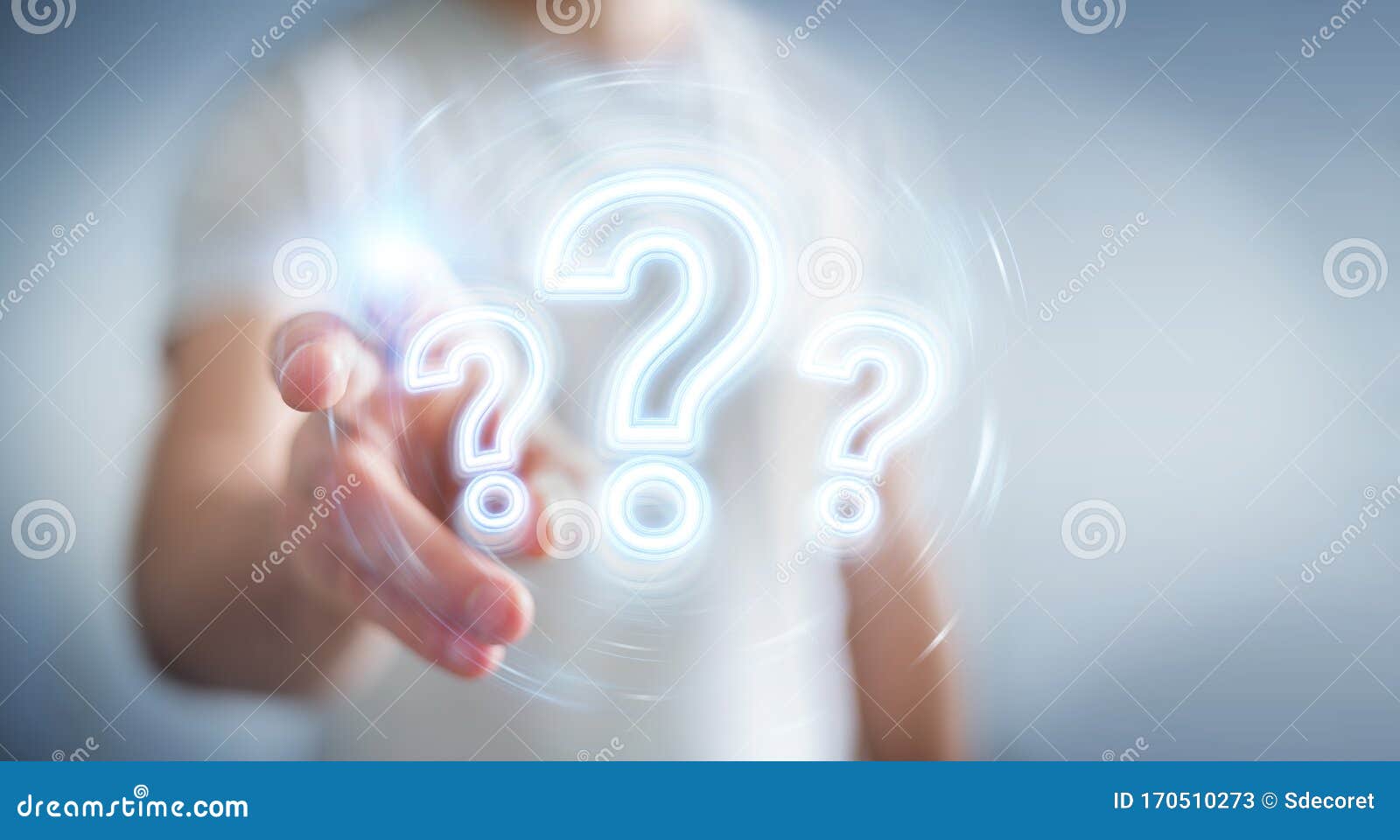 Man Using Digital Question Marks Holographic Interface 3D Rendering ...