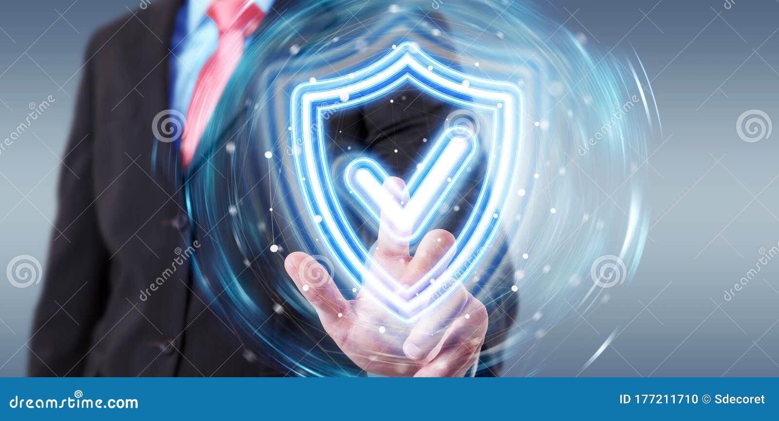 Man Using Digital Shield Protection Blue Holographic Interface 3D ...