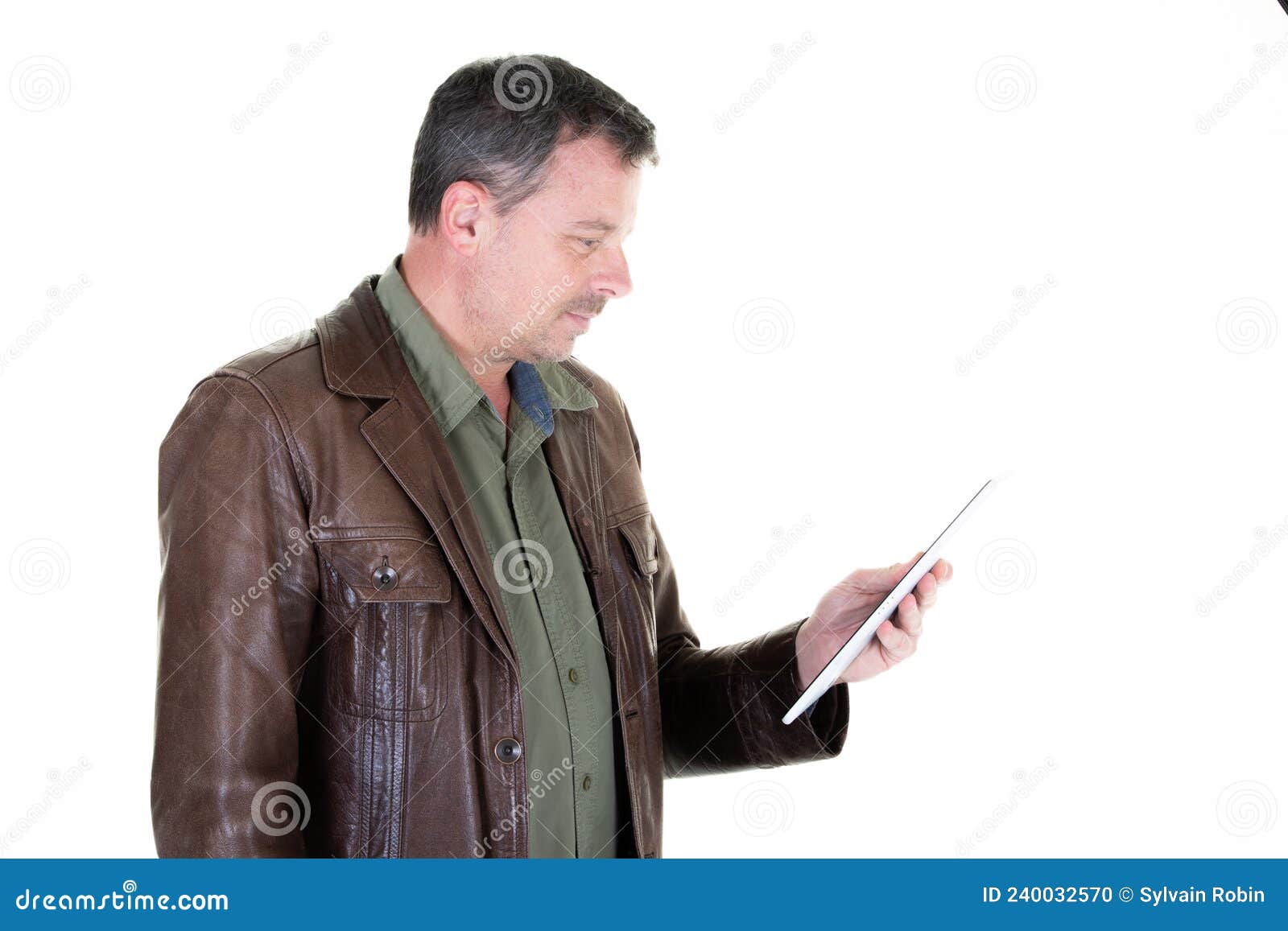 Man Using Digital Tablet Computer Profil Isolated on White Background ...