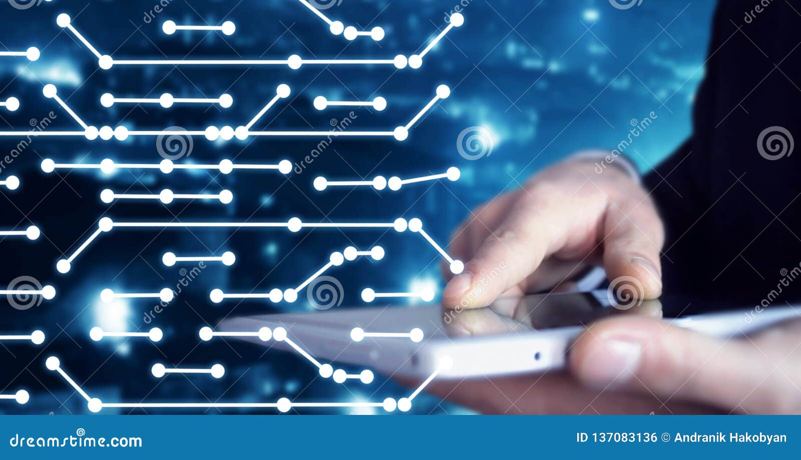 Man Using Digital Tablet. Connecting Dots Technology Stock Photo ...