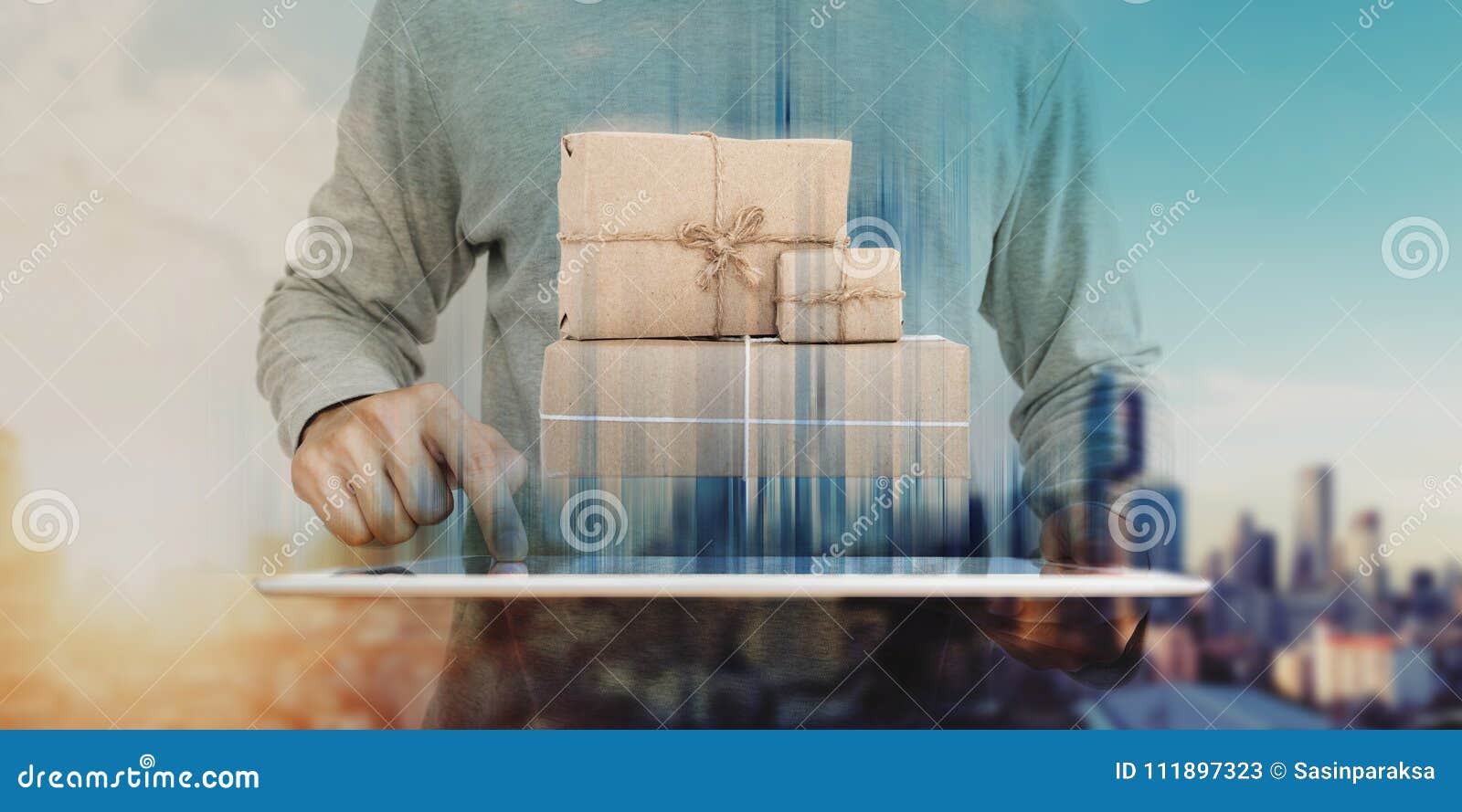 A Man Using Digital Tablet with Parcel Post Boxes on Screen. Online ...