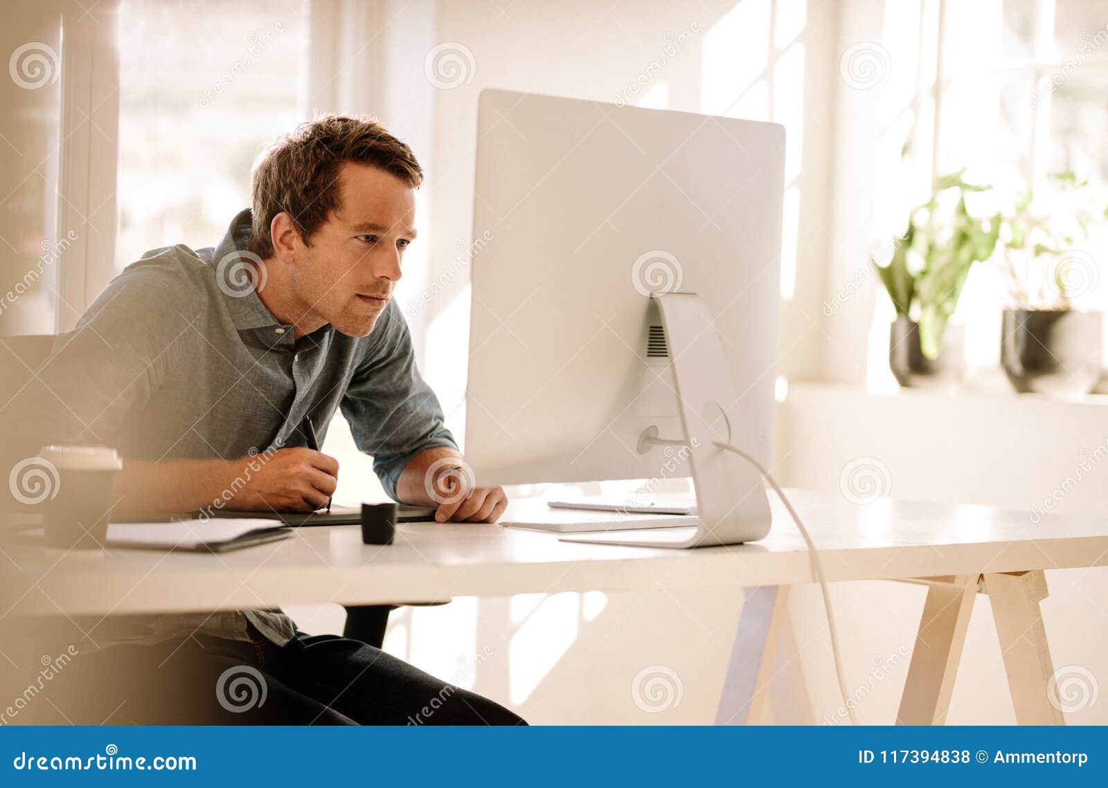 Man Using a Digitizer To Write Text in Computer Stock Photo - Image of ...