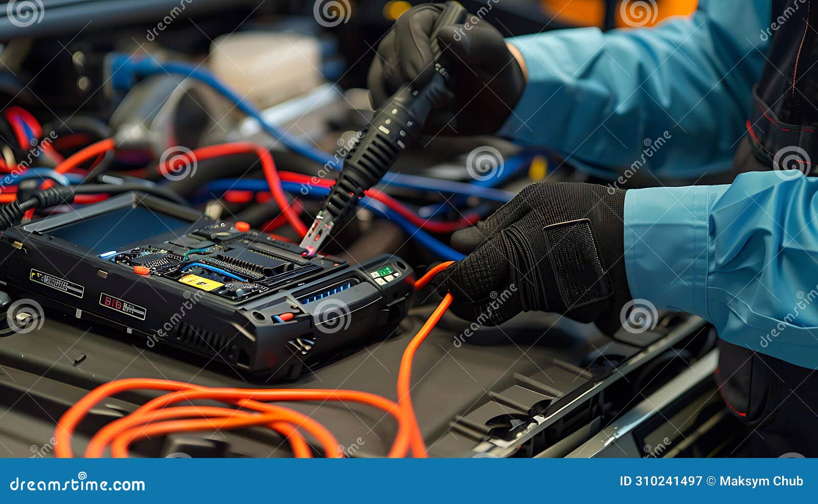 Man Using Tool To Work on Cars Electrical Wiring and Audio Equipment ...