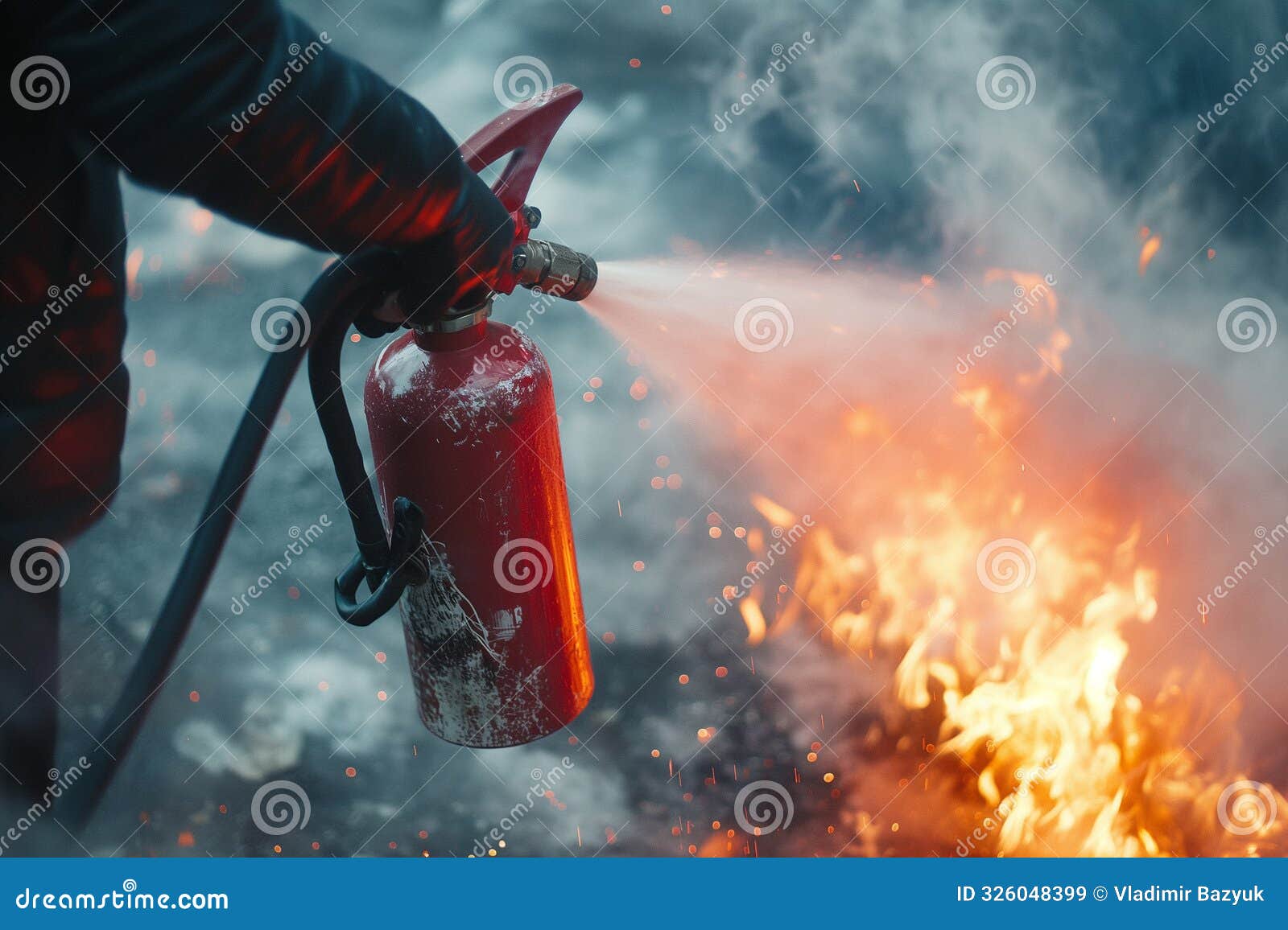 Man Using Fire Extinguisher Fighting Fire Closeup, Put Out A Fire With ...