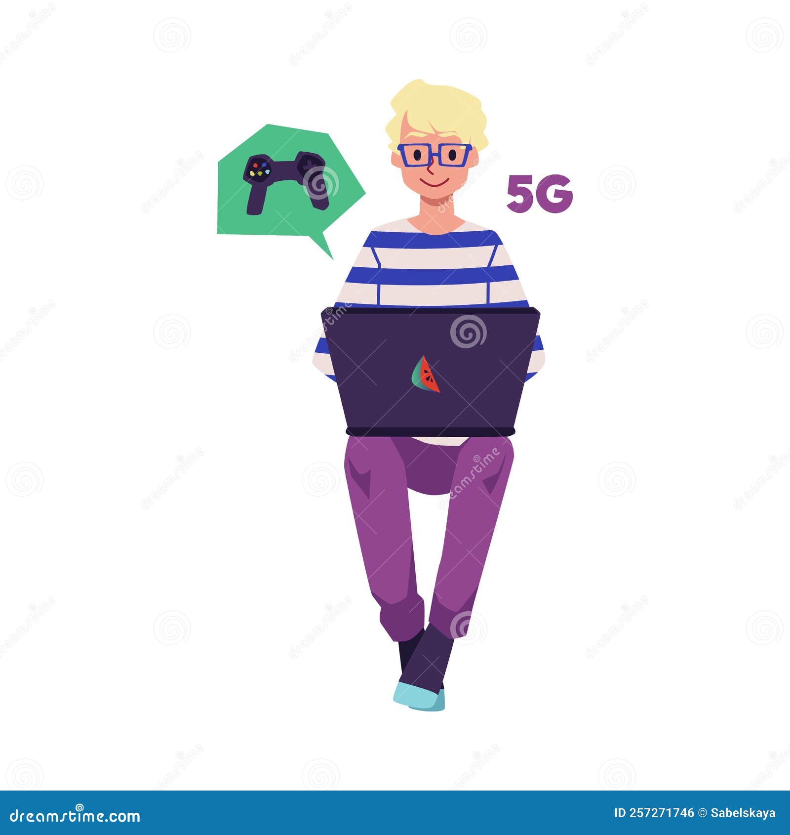 Man Using 5G Telecommunication Technology for Laptop, Flat Vector ...