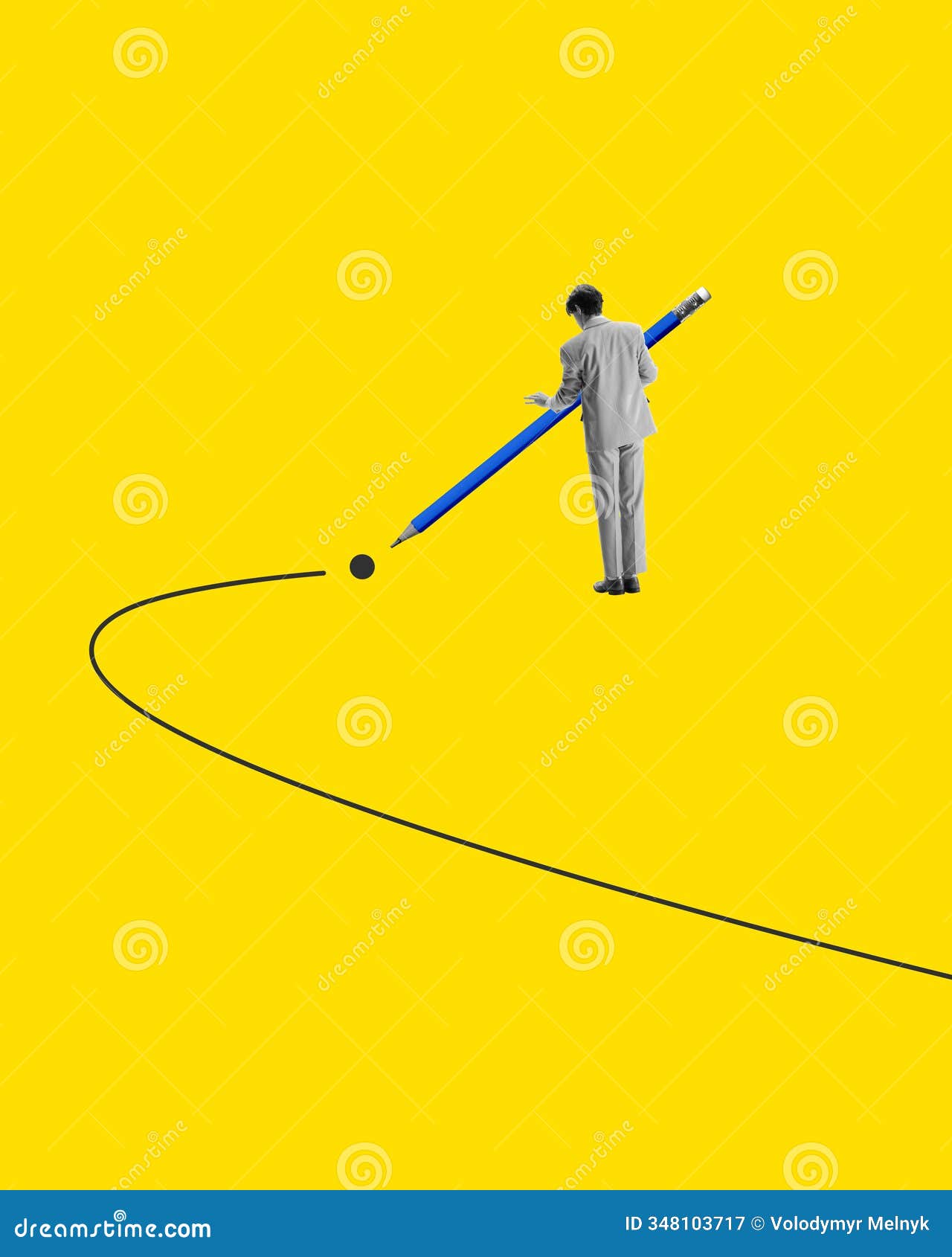 Man Using Giant Pencil To Draw Path on Vibrant Yellow Background ...