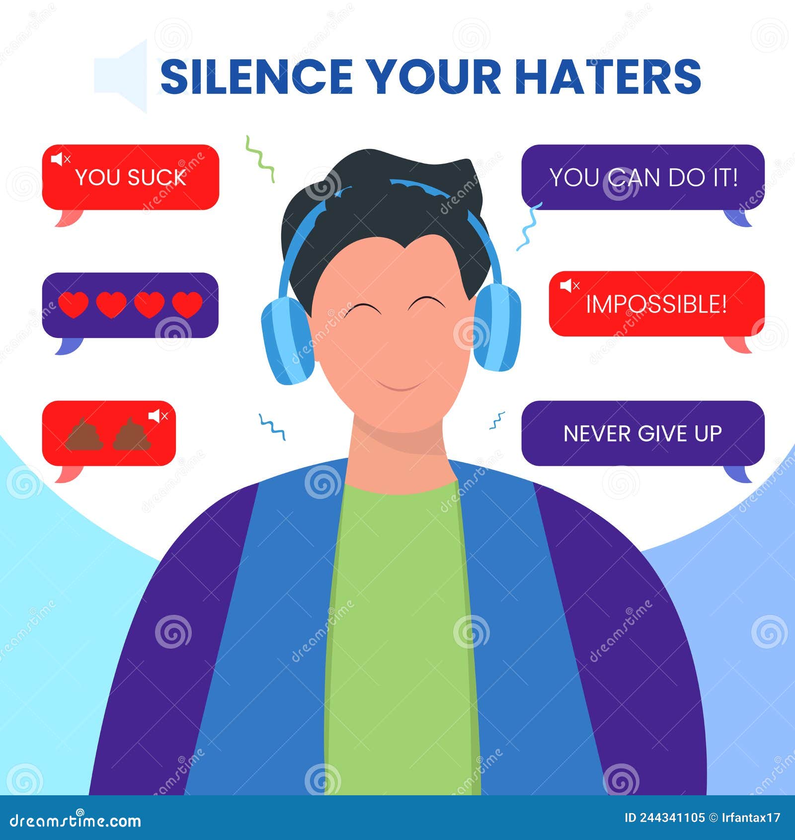 Man Using Headphone Calmly Ignore and Mute Haters Messages Stock Vector ...