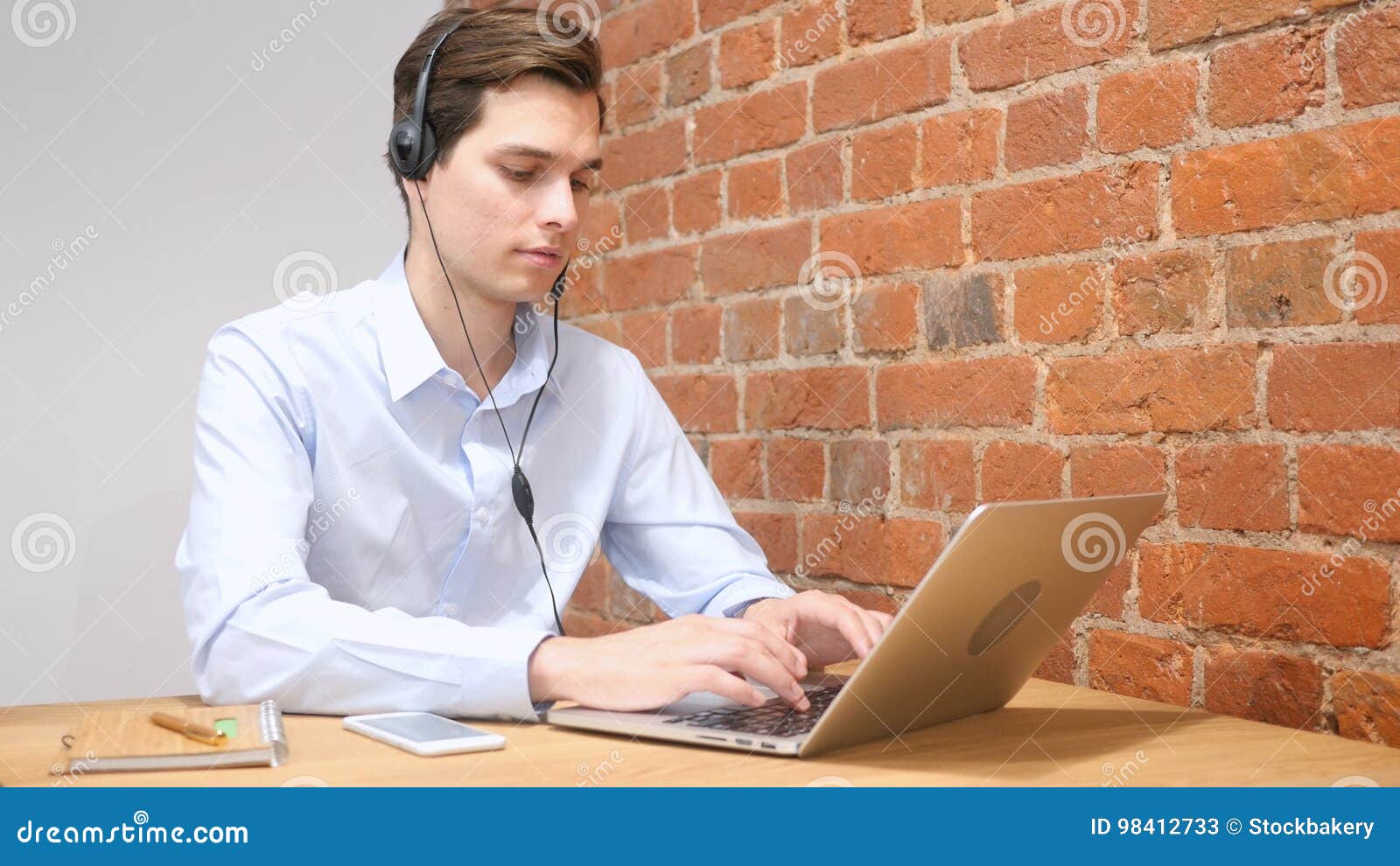 Man Using Headset To Talk, Working Online Stock Image - Image of ...