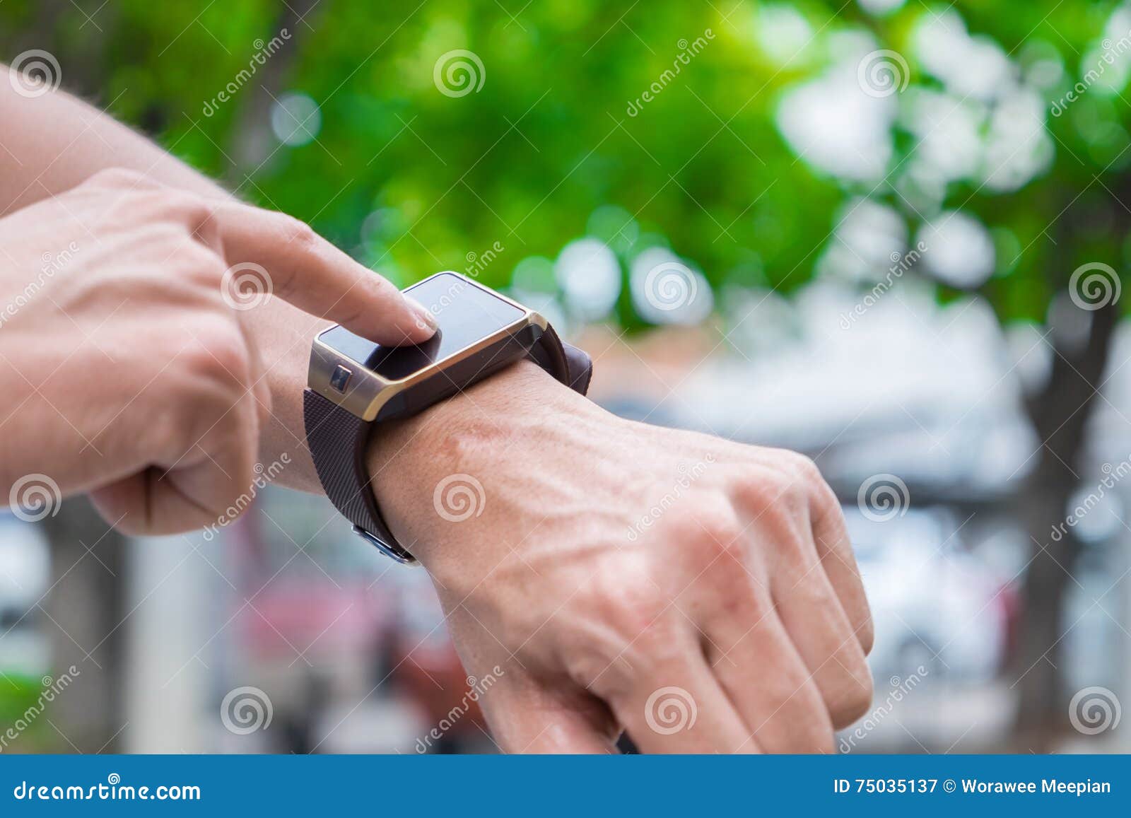 Man Using His Smart Watch App. Close-up Hands with Bokeh Back Gr Stock ...