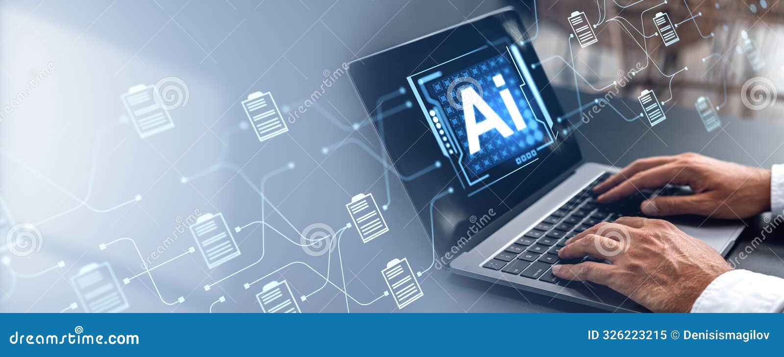 Man Using Laptop, AI Document Management System Hologram Hud Stock ...