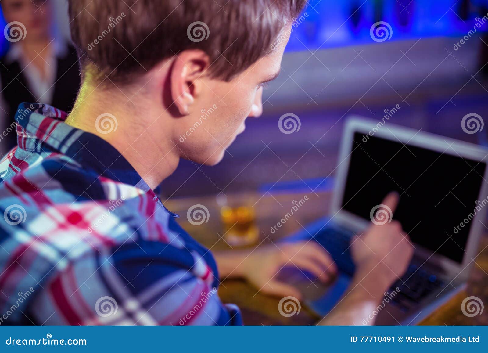 Man Using Laptop on Bar Counter Stock Image - Image of typing, touch ...