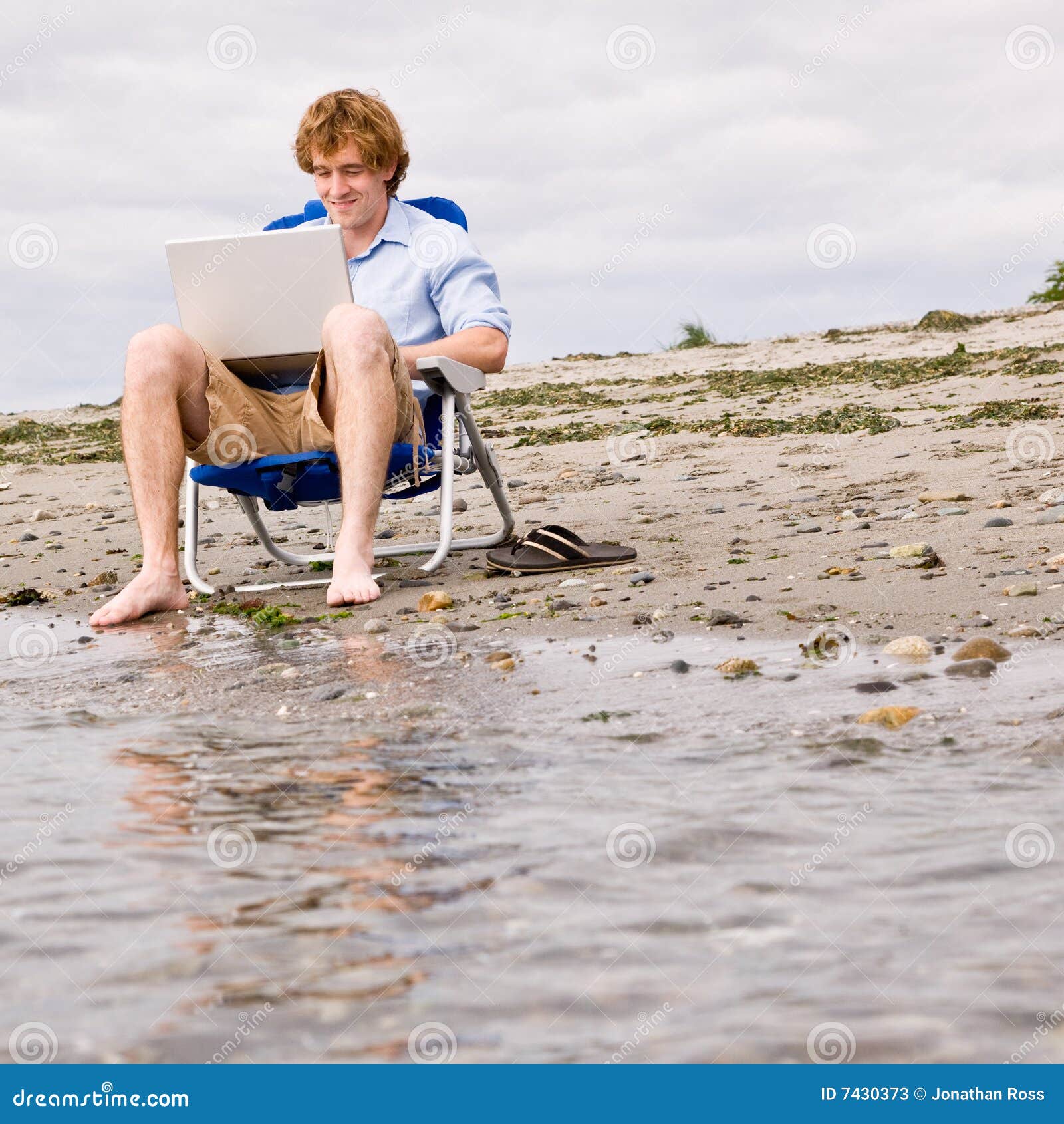 Man using laptop at beach stock image. Image of full, nature - 7430373