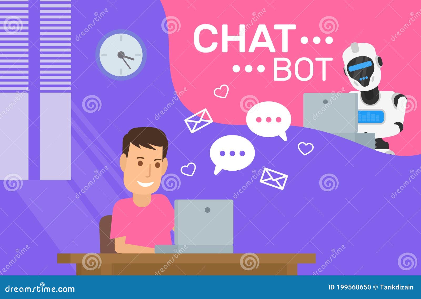Man Using Laptop Chatting with Robot.chat Bot Concept Illustration ...