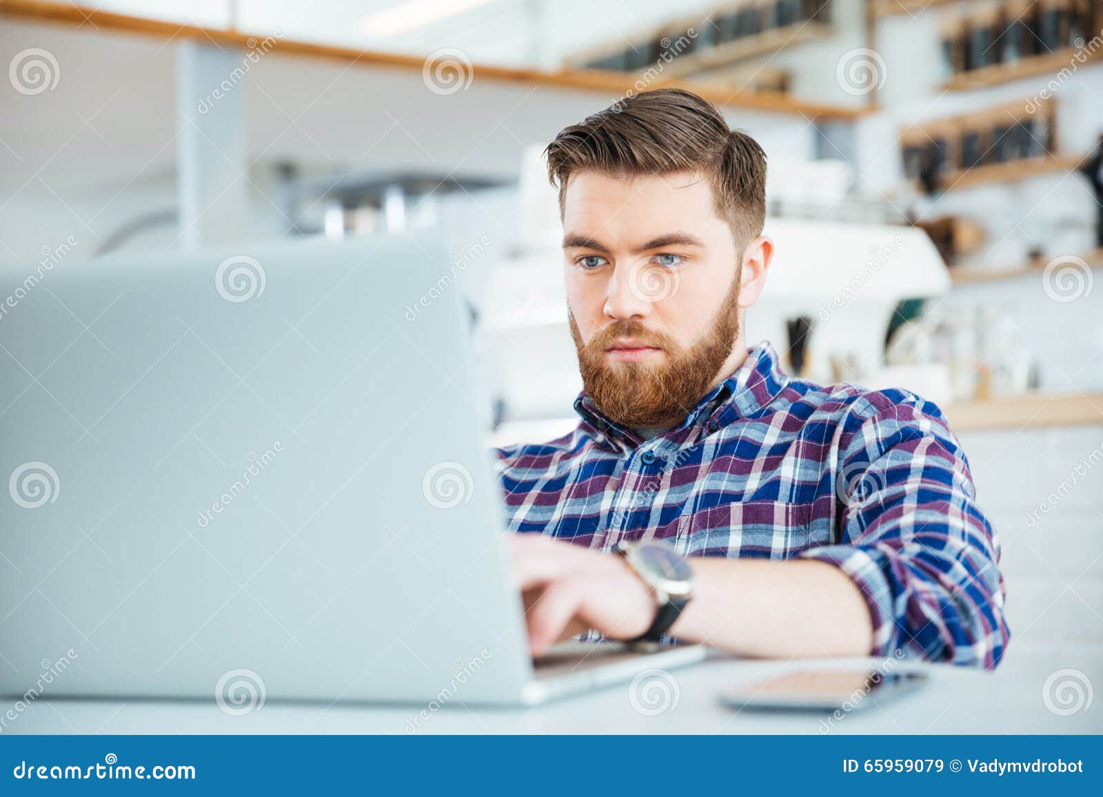 Man Using Laptop Computer in Cafe Stock Image - Image of food ...