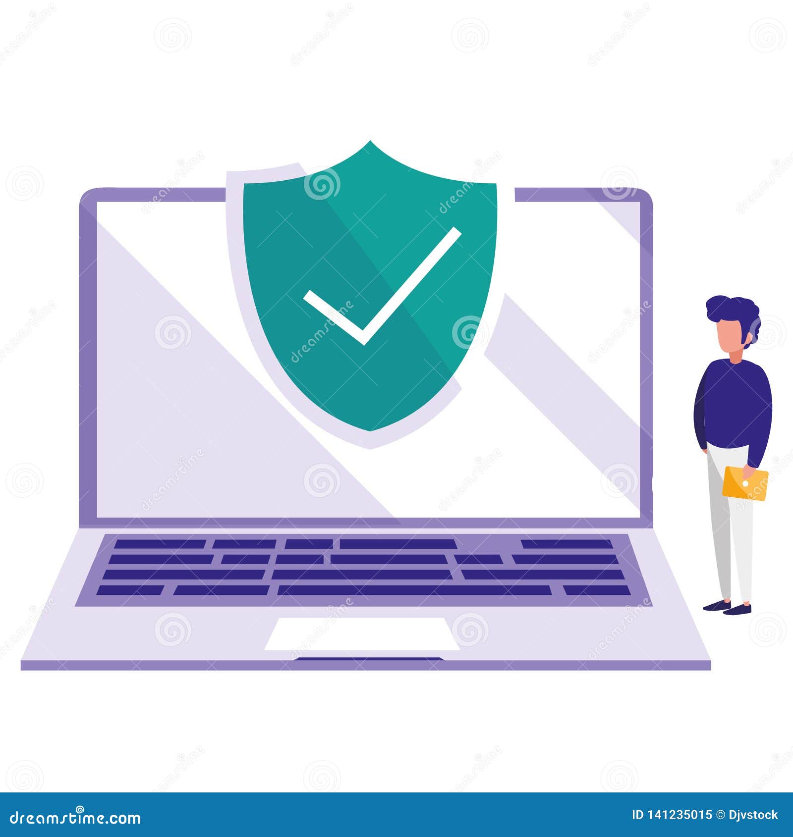 Man Using Laptop Computer with Shield Stock Vector - Illustration of ...