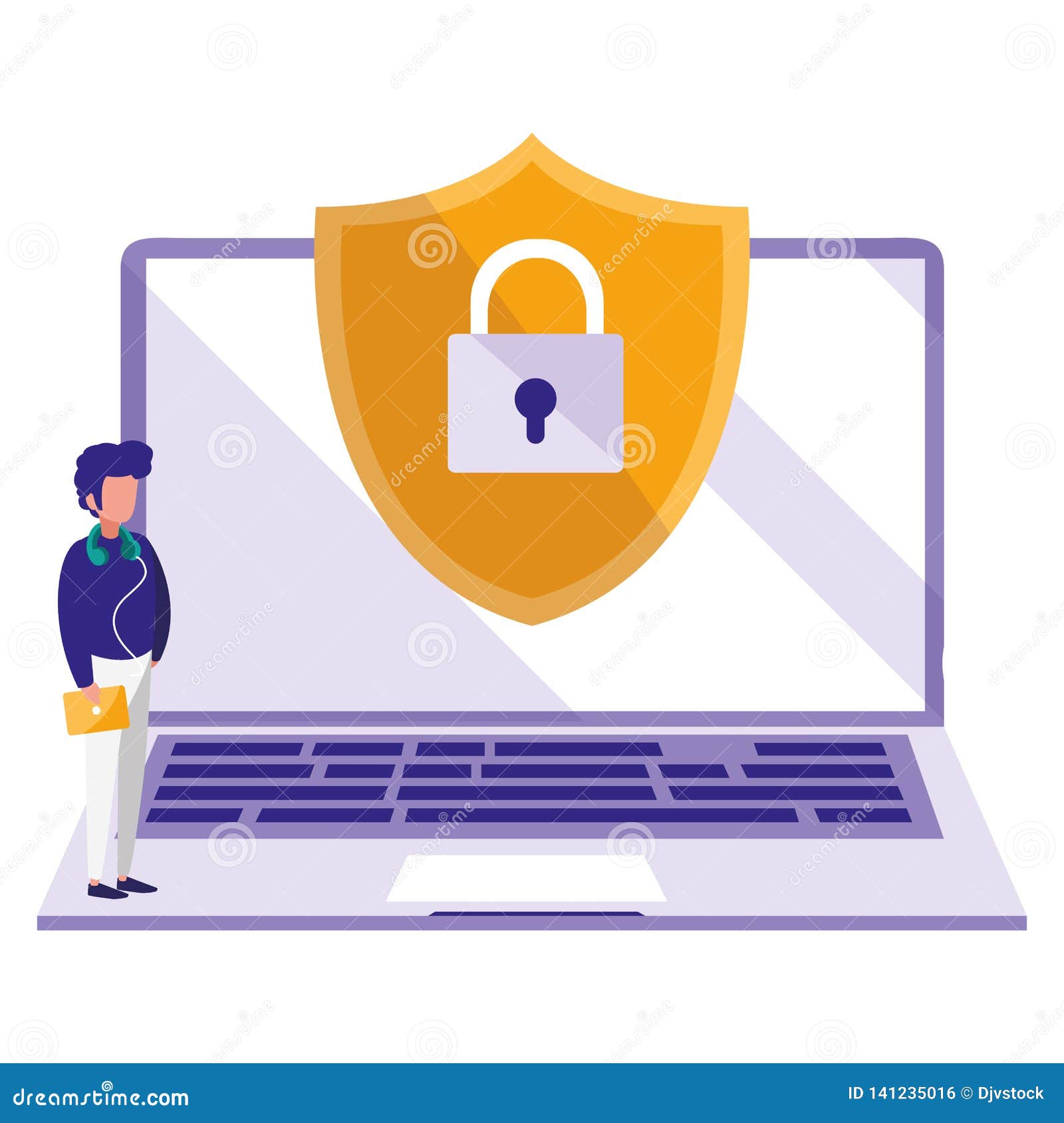 Man Using Laptop Computer with Shield Stock Vector - Illustration of ...