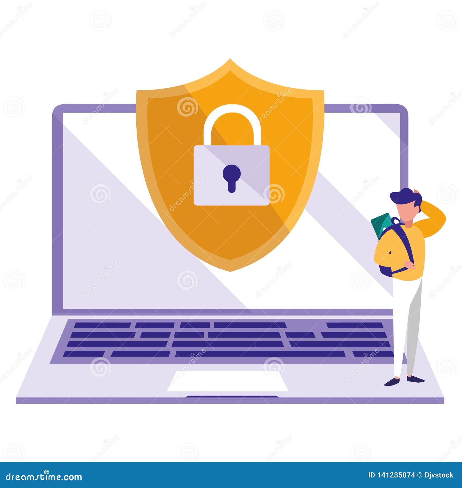 Man Using Laptop Computer with Shield Stock Vector - Illustration of ...