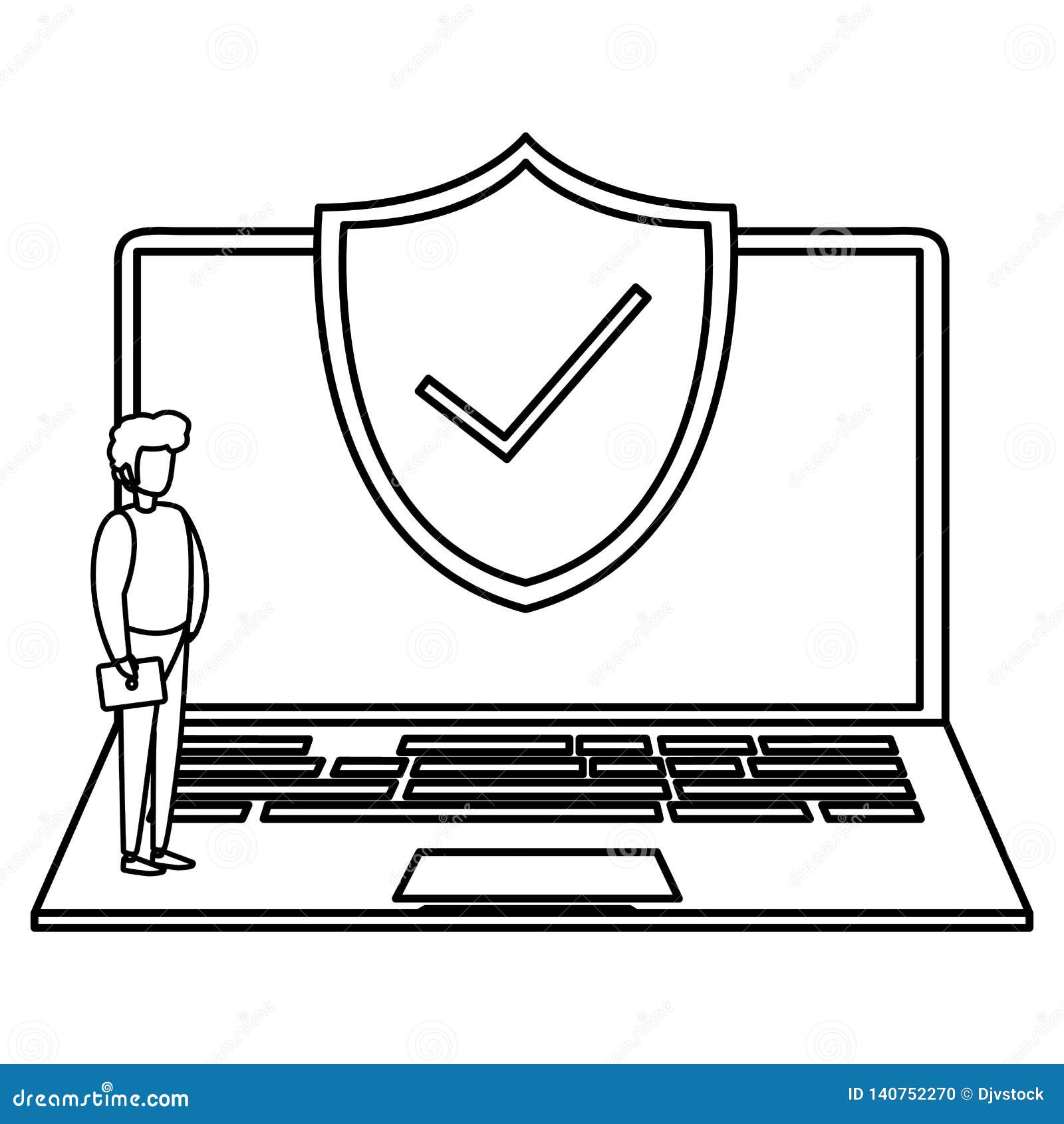 Man Using Laptop Computer with Shield Stock Vector - Illustration of ...