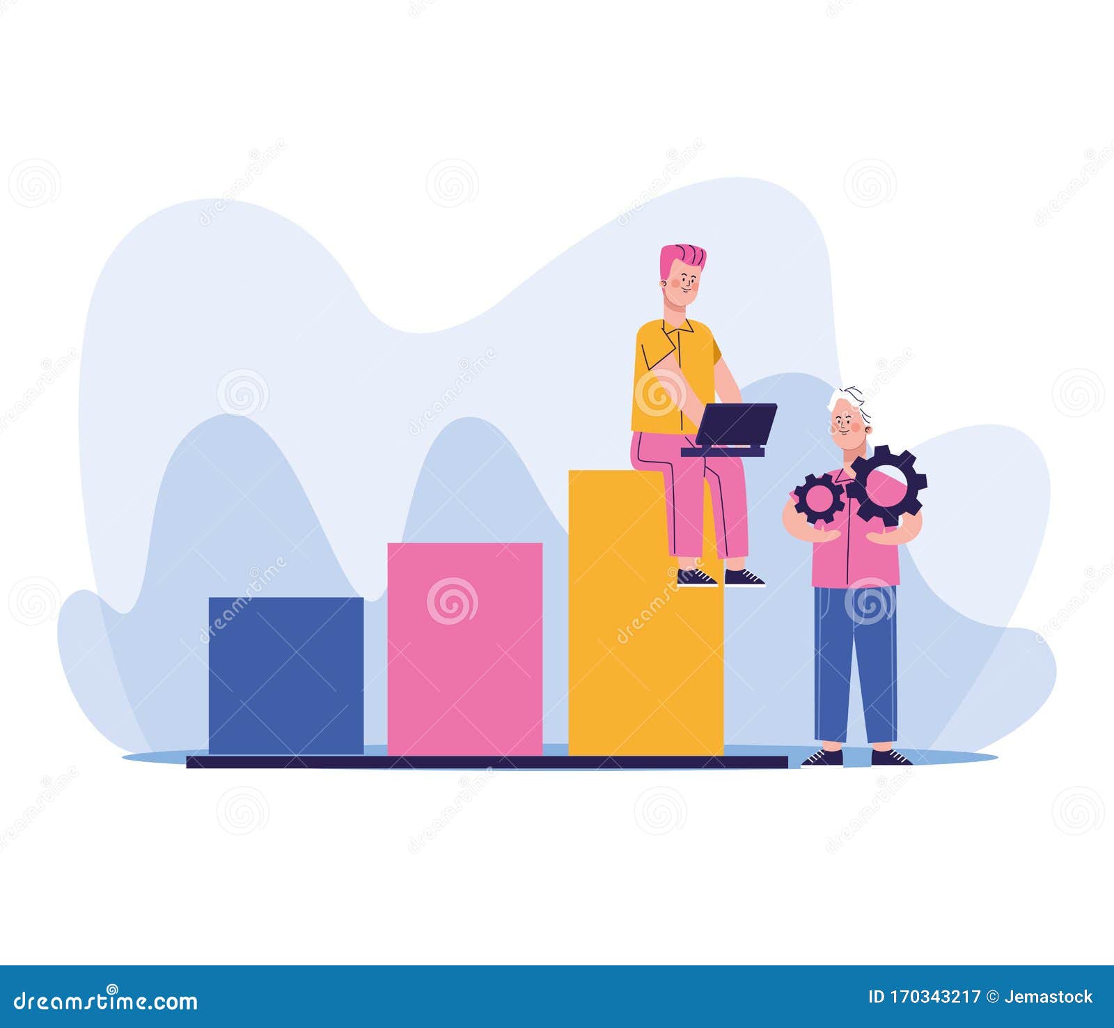 Man Using a Laptop Computer Sitting on Chart Bar Graph and Man with ...