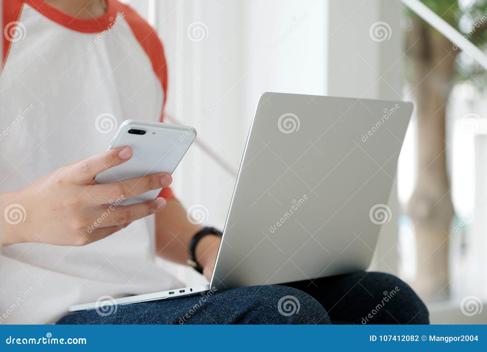 Man Using Laptop Computer and Smart Phone, People and Technology Stock ...