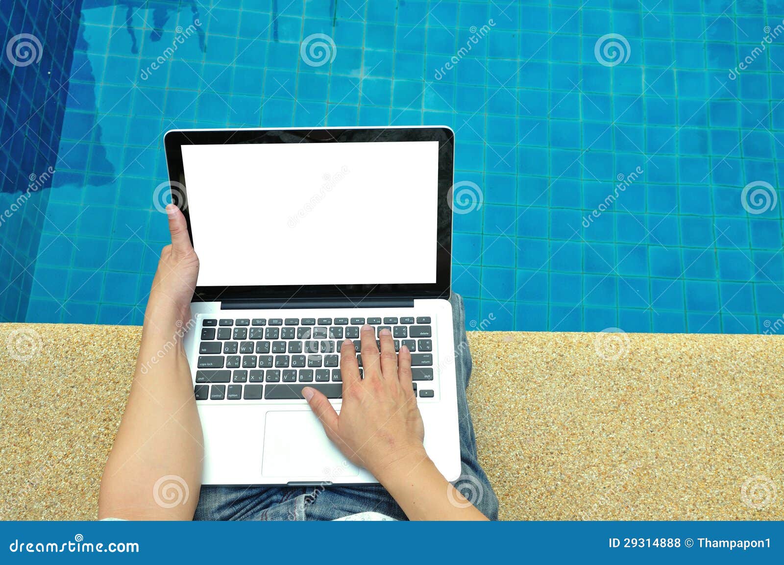 Man Using Laptop Computer beside Swimming Pool Stock Photo - Image of ...