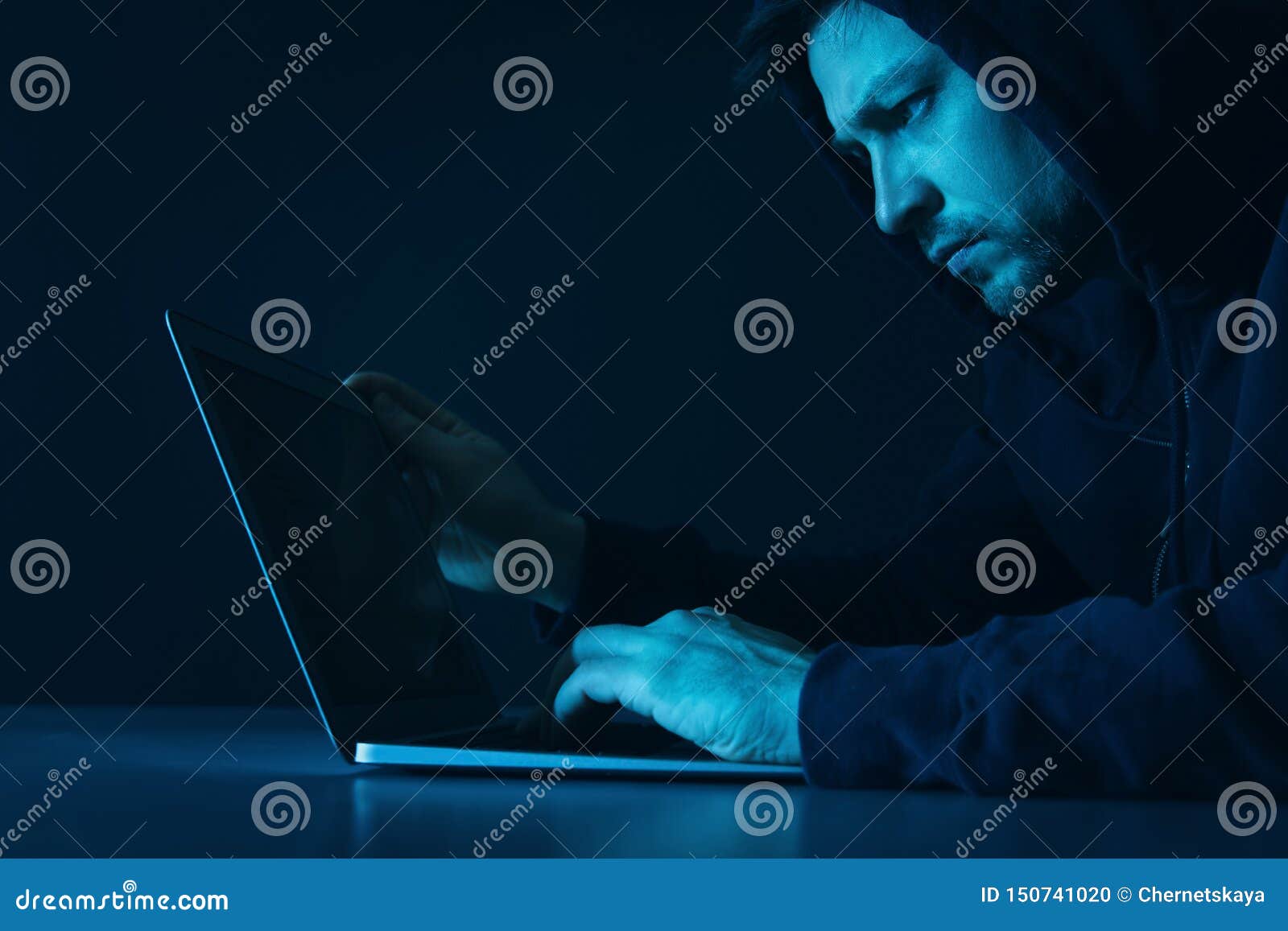 Man Using Laptop in Dark Room Stock Photo - Image of internet, cyber ...