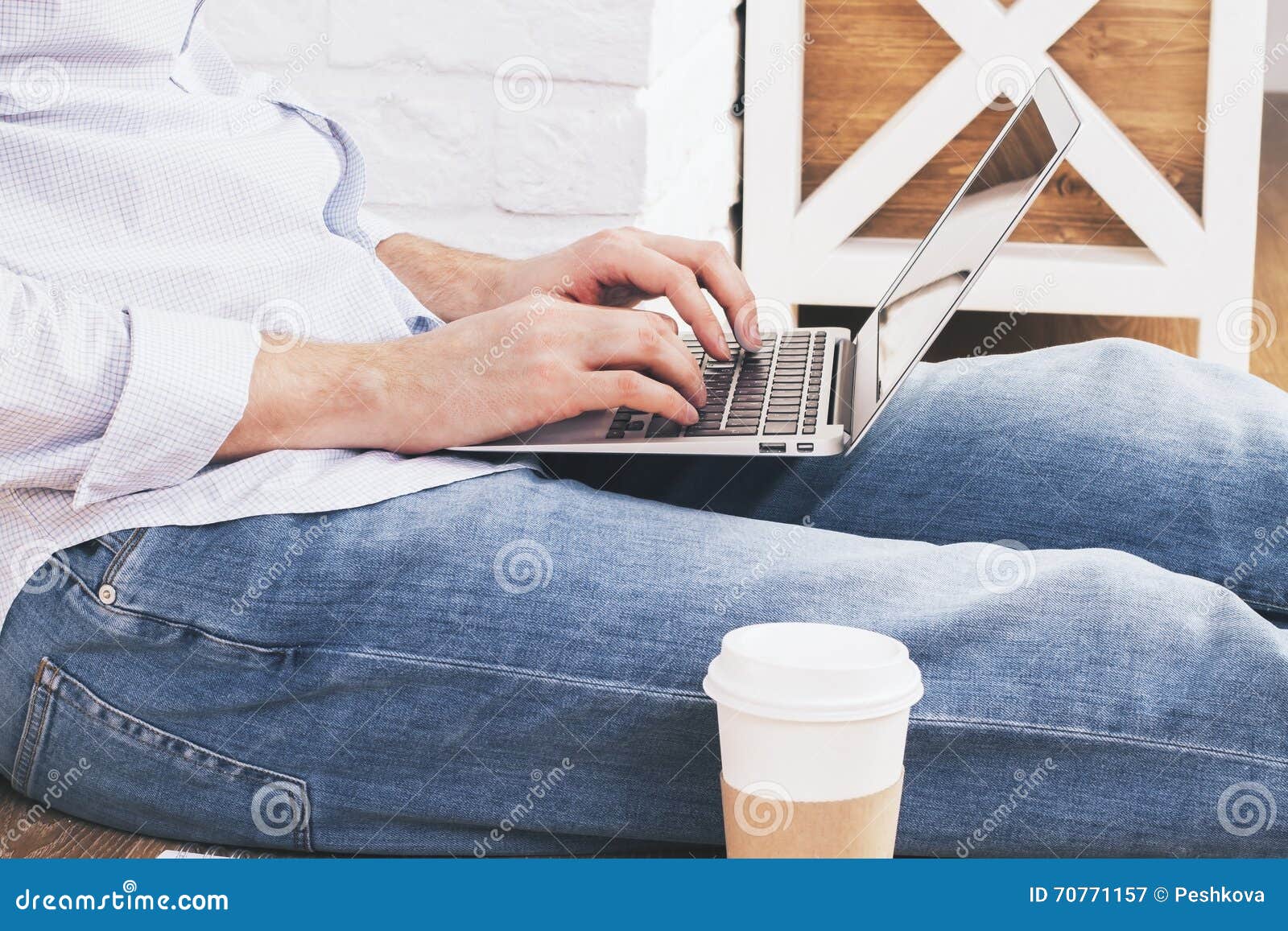 Man Using Laptop Floor Side Stock Image - Image of indoor, brown: 70771157