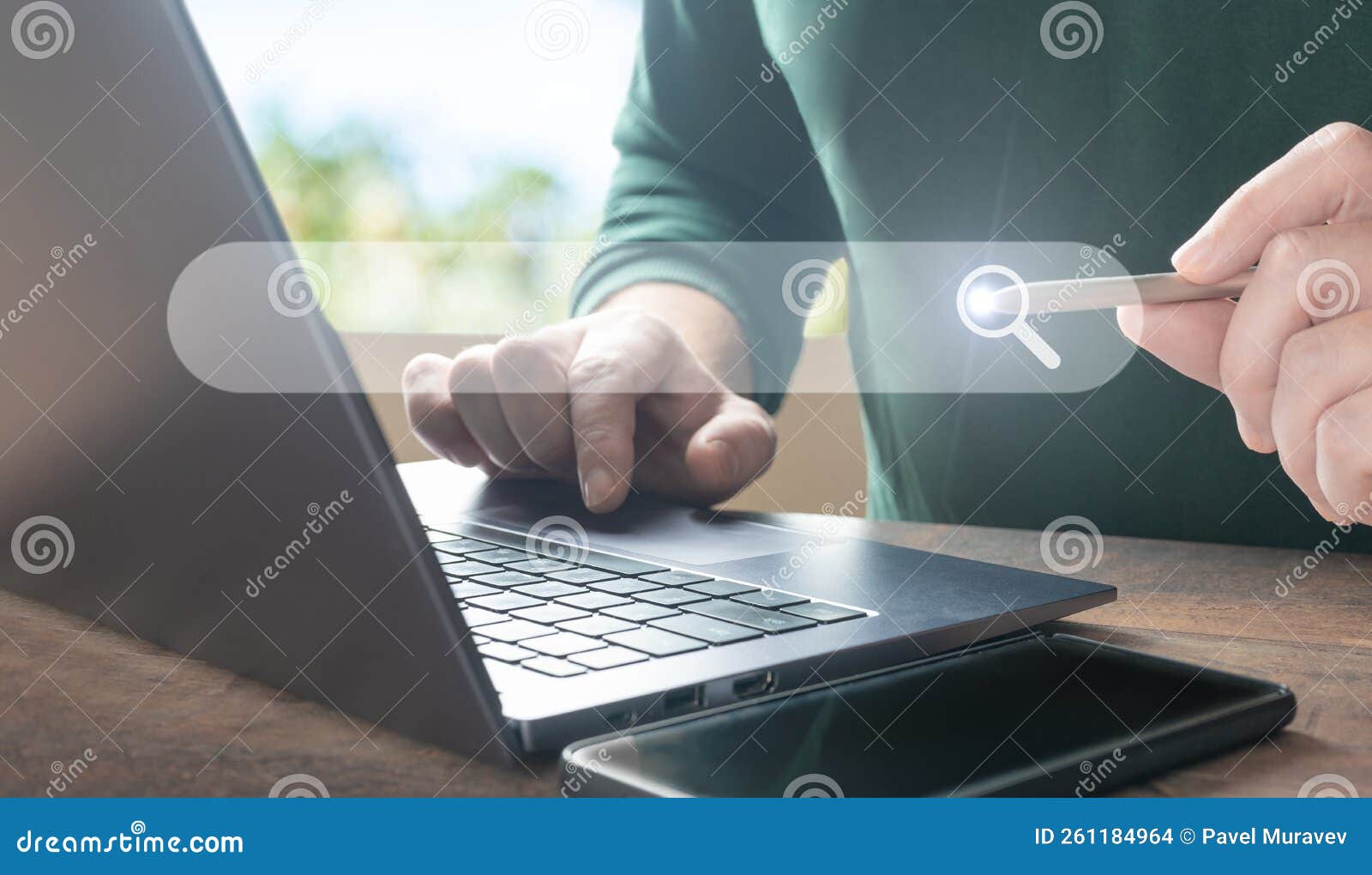 Man Using Laptop with Internet Browser Search Bar. SEO Search Engine ...