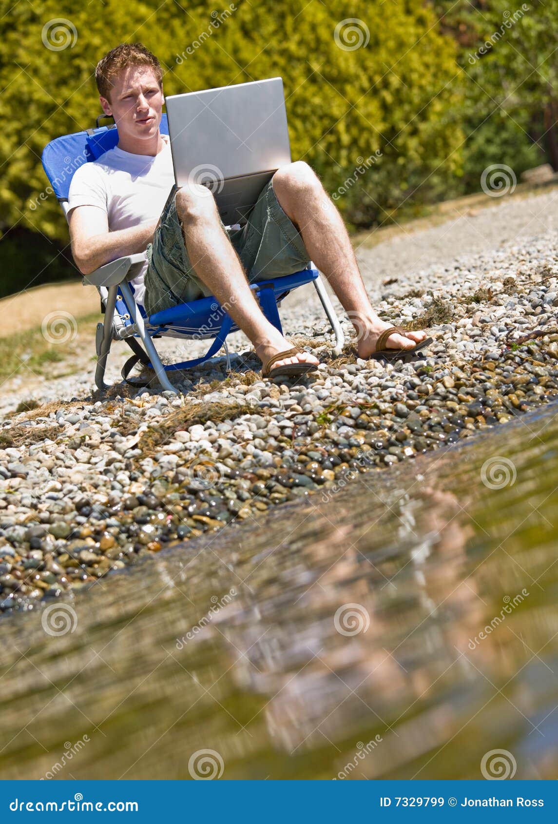 Man Using Laptop Near Water Stock Image - Image of camper, activity ...