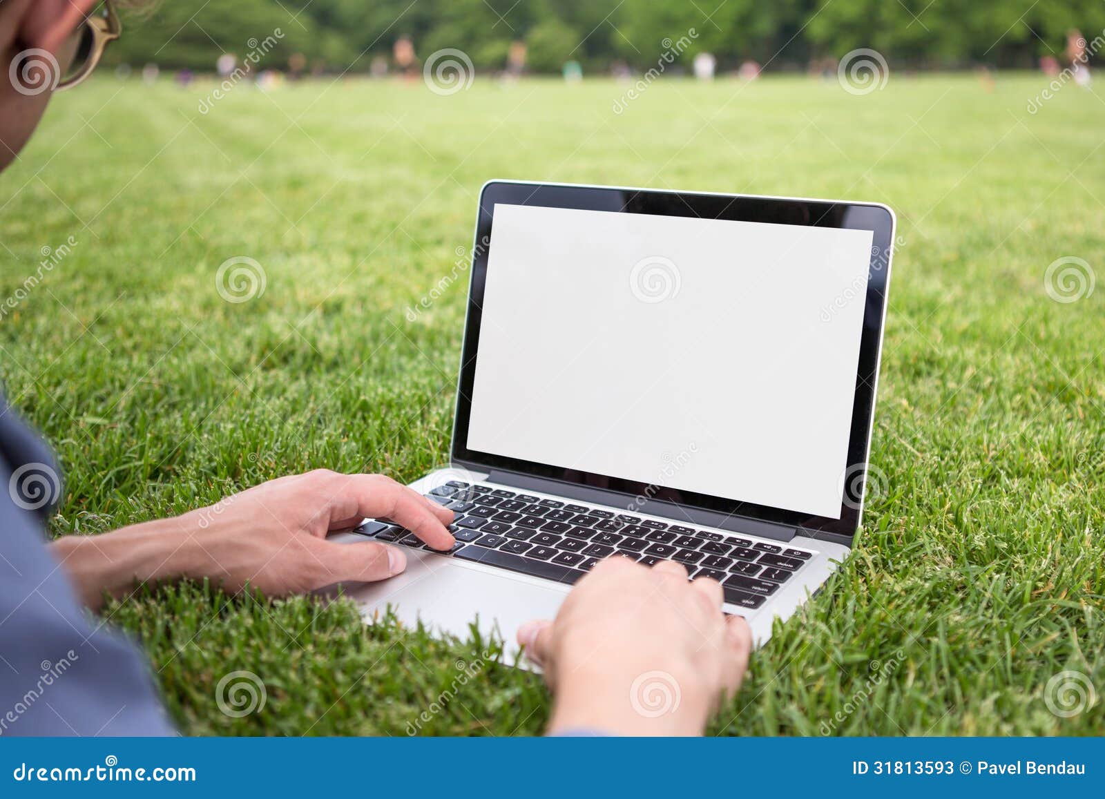 Man Using Laptop in the Park Summer Stock Image - Image of hold ...