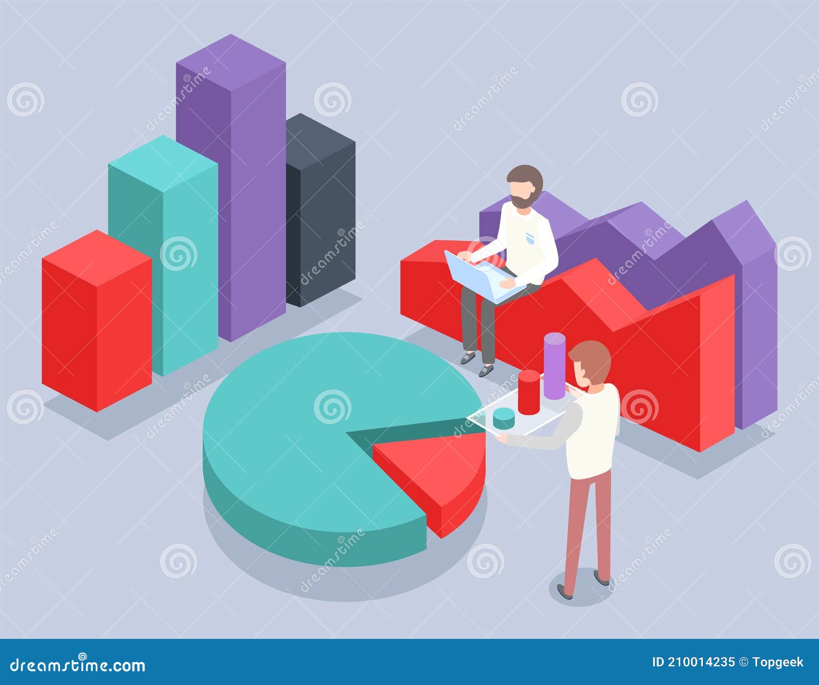 Man Using Laptop Sitting at Chart, 3d Diagram, Graphics, Isometric ...
