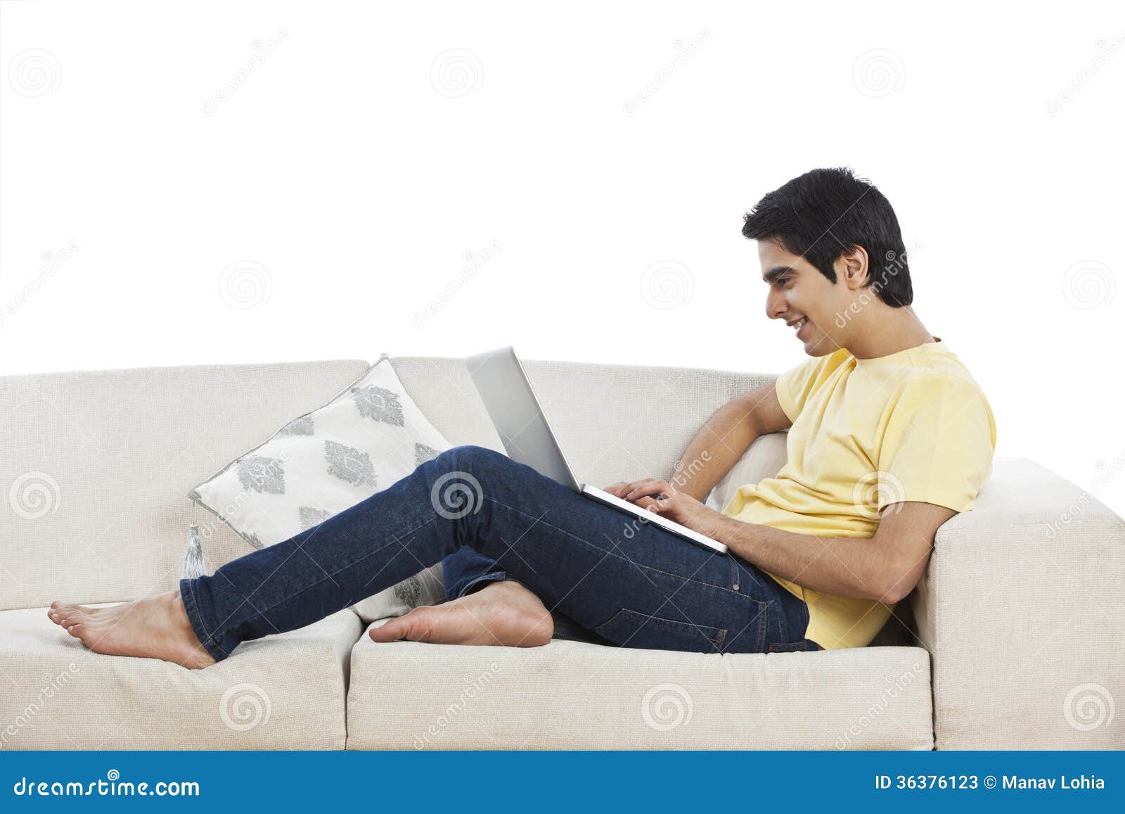 Man using laptop stock image. Image of horizontal, leaning - 36376123
