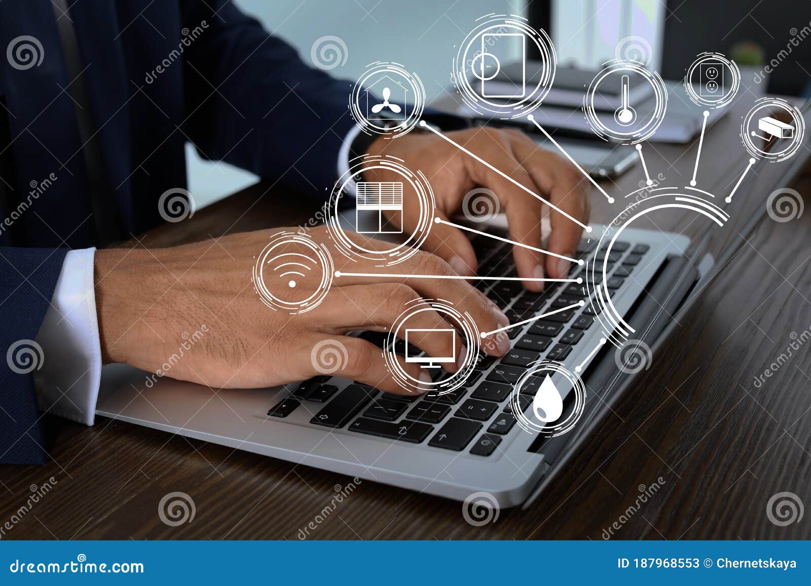 Man Using Laptop To Control Smart Home. Automatic Systems Stock Image ...