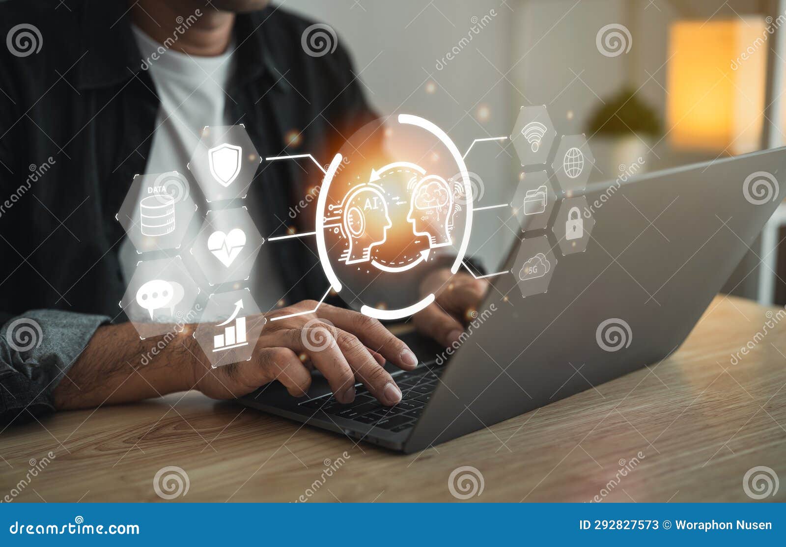 Man Using Laptop and Touch Virtual Digital Ai Network Chain. Digital ...