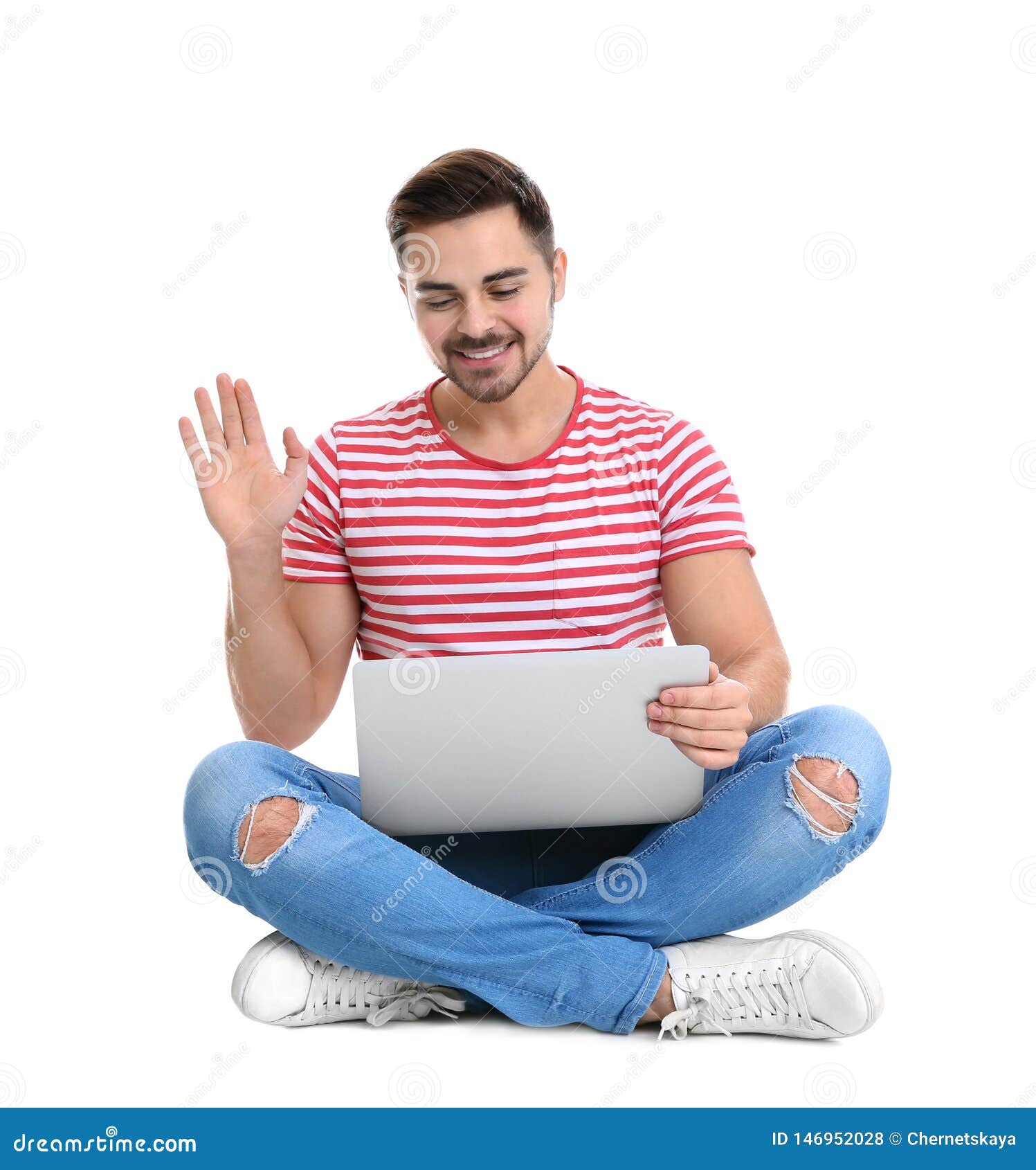 Man Using Laptop for Video Chat on White Stock Photo - Image of ...