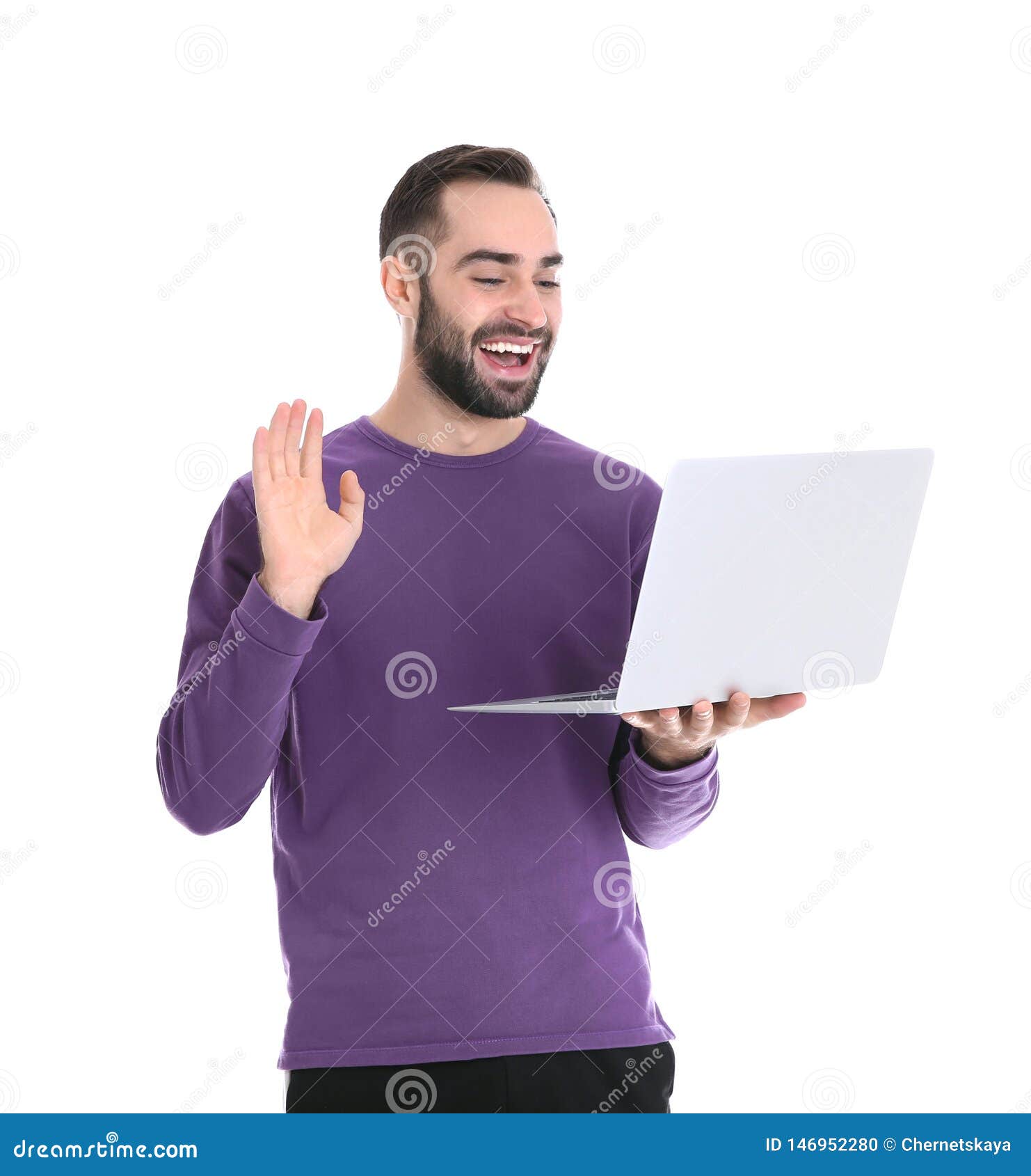 Man Using Laptop for Video Chat on White Stock Photo - Image of ...