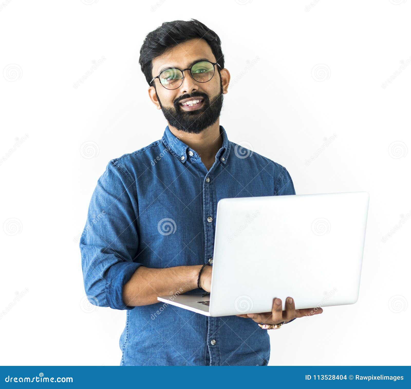Man Using Laptop on White Background Stock Photo - Image of computer ...