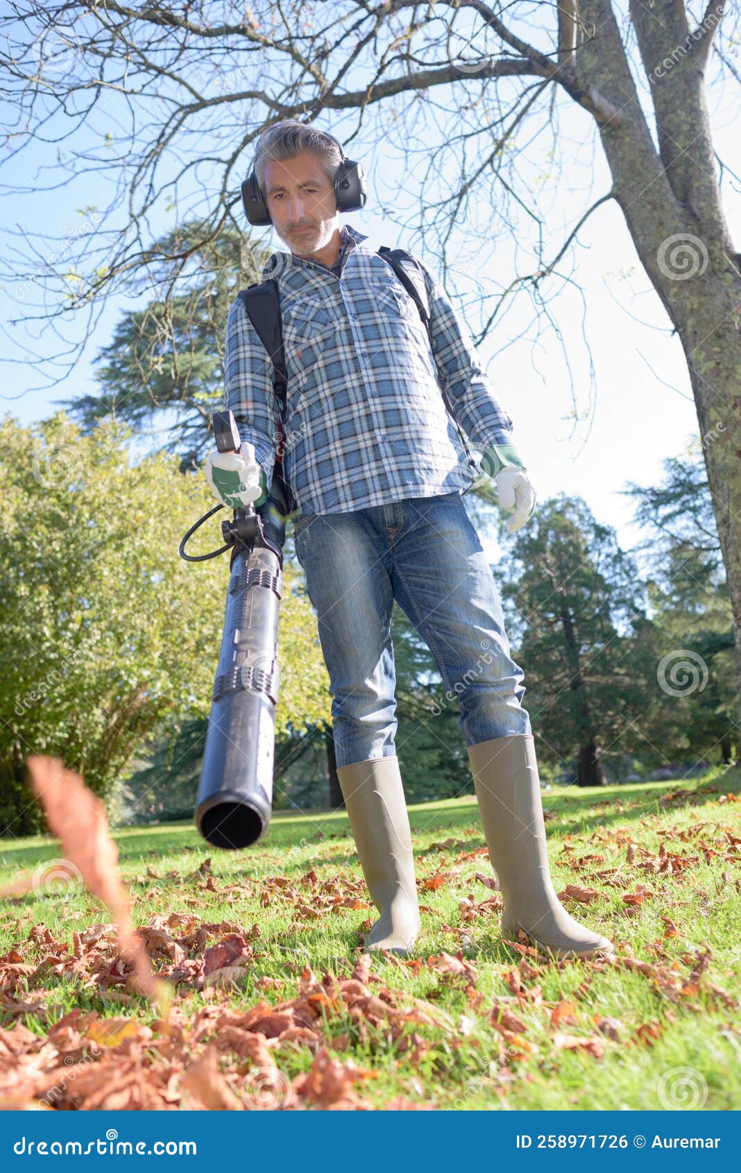 Man using leaf blower stock photo. Image of lawn, blowing - 258971726
