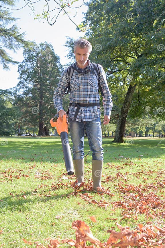 Man using leaf blower stock photo. Image of grass, aged - 283149226