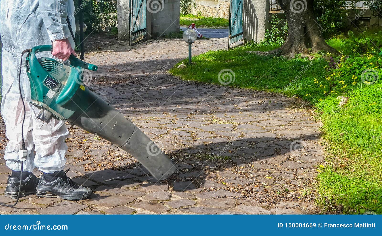 Man using a leaf blower stock image. Image of blower - 150004669