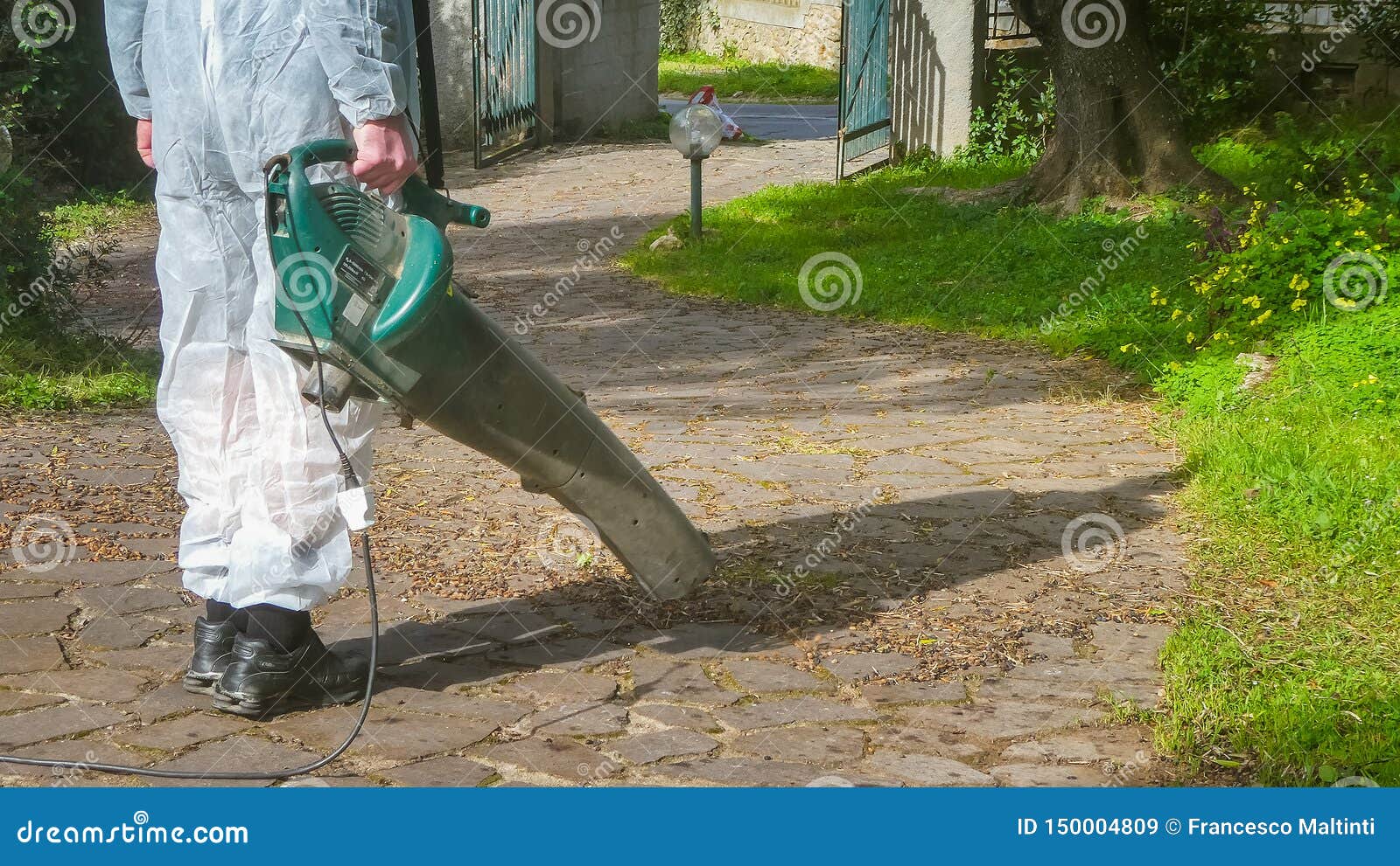 Man using a leaf blower stock image. Image of nature - 150004809