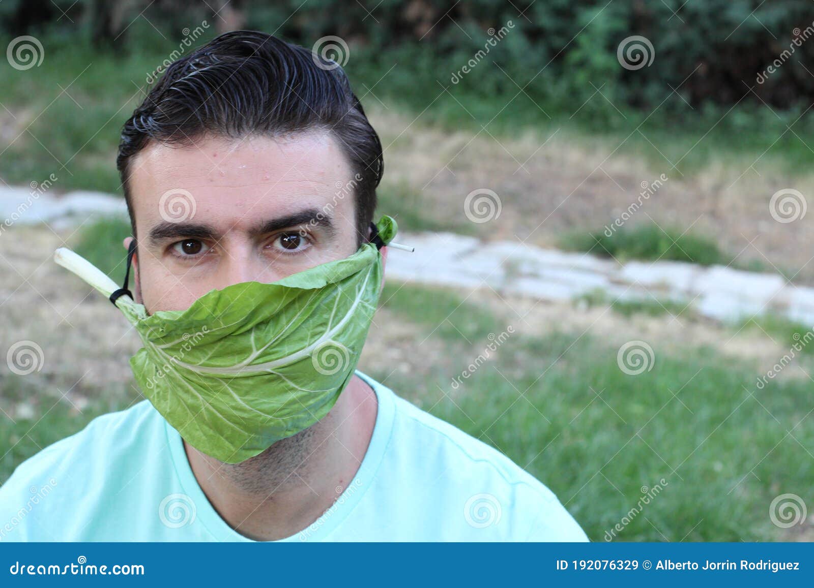 Man Using Lettuce As Protective Face Mask Stock Image - Image of adult ...