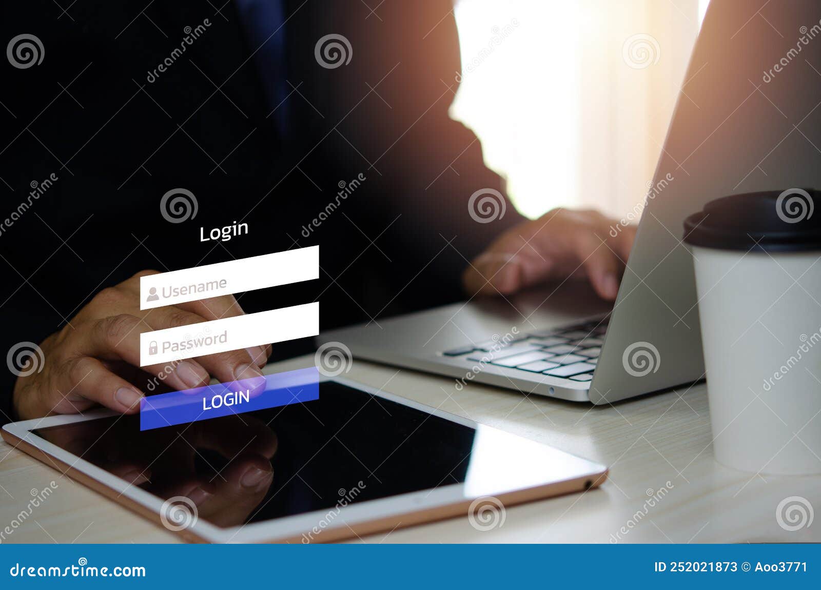 Man Using Login Interface on Touch Screen. User Name and Password ...
