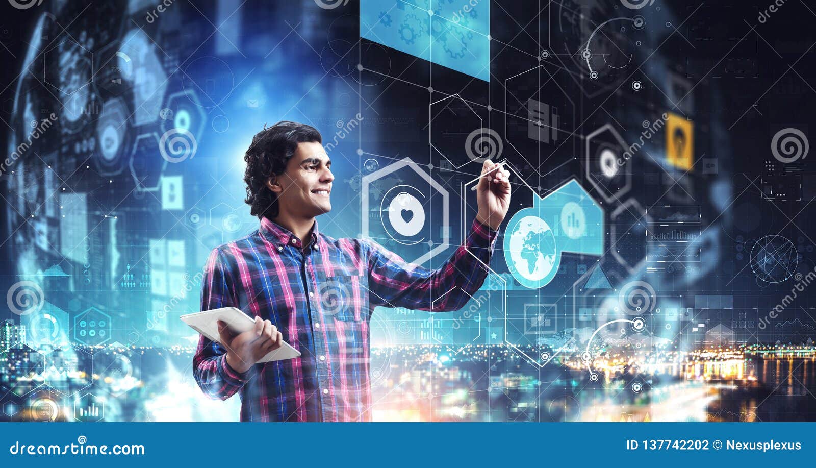 Man Using Media Interface. Mixed Media Stock Illustration ...