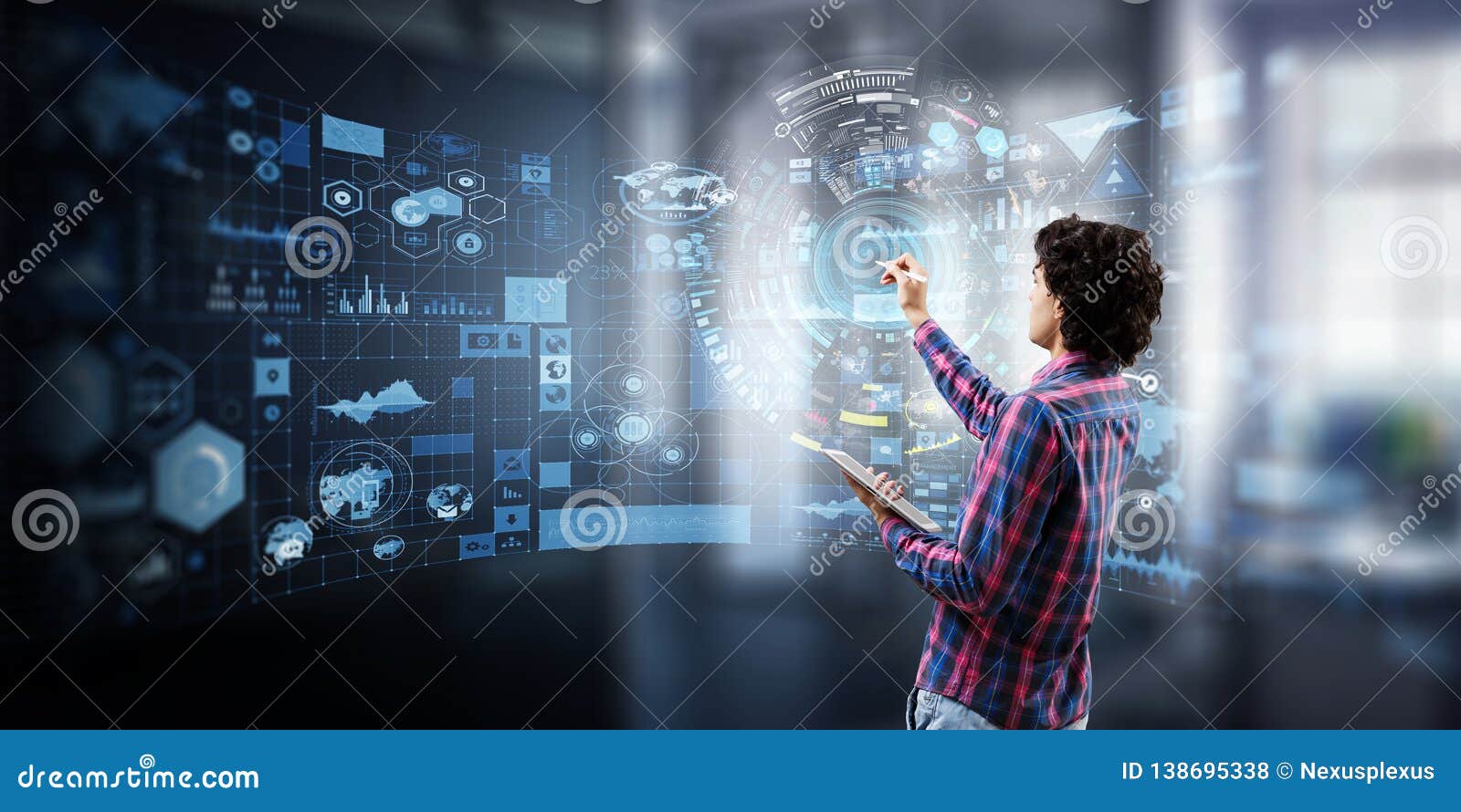 Man Using Media Interface. Mixed Media Stock Photo - Image of shirt ...