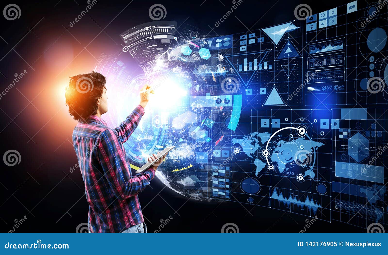 Man Using Media Interface. Mixed Media Stock Image - Image of casual ...