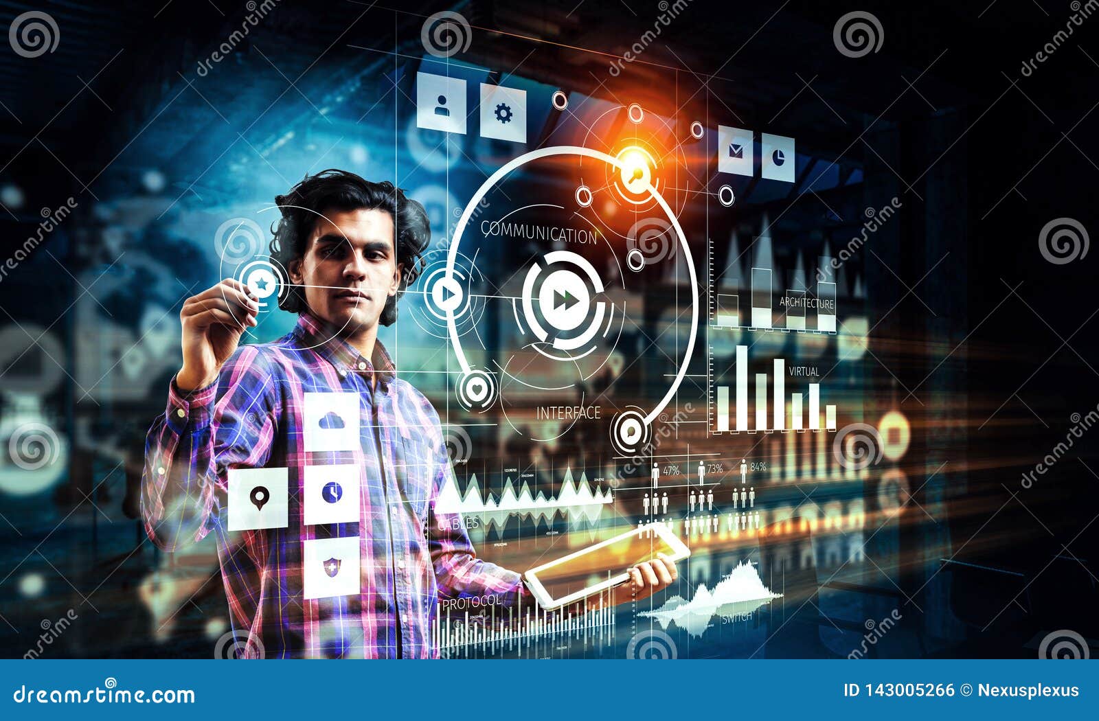 Man Using Media Interface. Mixed Media Stock Photo - Image of tablet ...