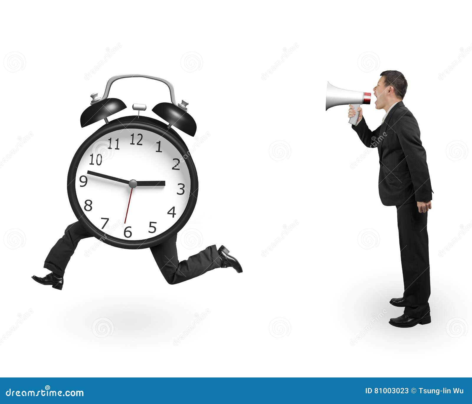 Man Using Megaphone Shouting Running Clock with Human Legs Stock Image ...